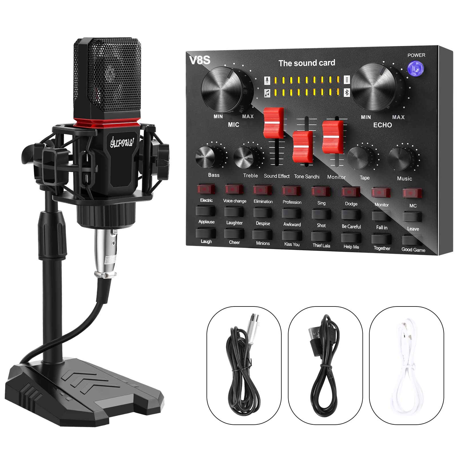 ALPOWL Podcast Equipment Bundle, Condenser Microphone Bundle with Live Sound Card, Adjustable Microphone Stand and Fixed Base for Outdoor/Indoor Live Broadcast,Family and Friends Large Gatherings