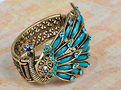 Alilang Womens Antique Golden Tone Peacock Bracelet Bangle With Turquoise Blue Gems, Blue