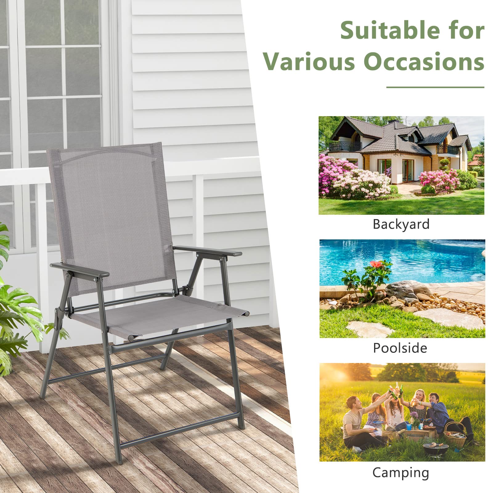 Giantex Patio Folding Chairs Set of 4, Outdoor Lawn Chairs with Rustproof Metal Frame, Portable Dining Chairs for Porch, Deck, Garden, Backyard, Camping, Gray