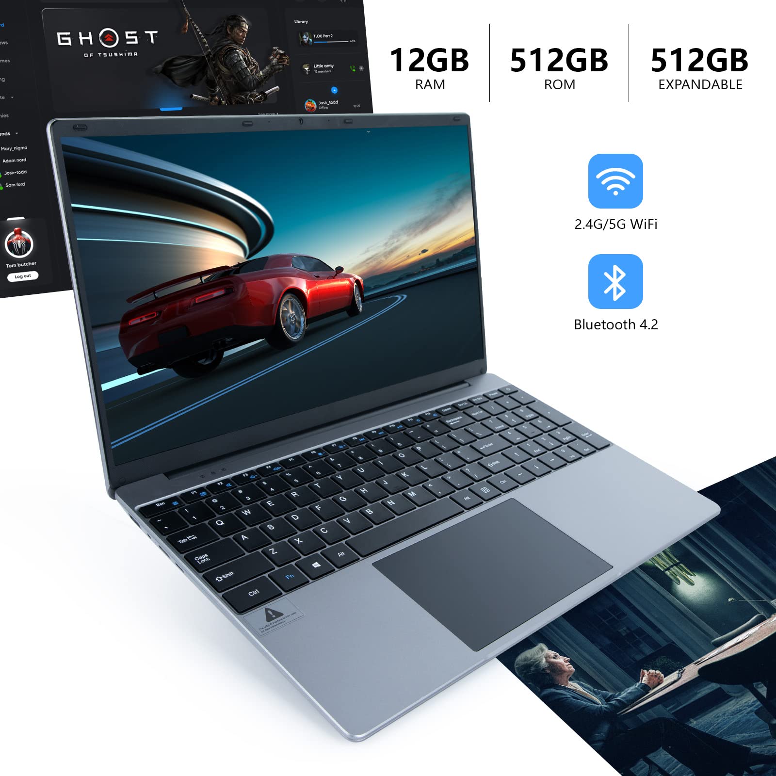 ANMESC Laptop, 15.6" 1080P Full HD Display High Performance Quad-Core Intel Celeron N5095 Processors 12GB DDR4 512GB SSD Windows 11 Laptop Computers, 2.4G/5G WiFi, Bluetooth 4.2, Long Battery Life