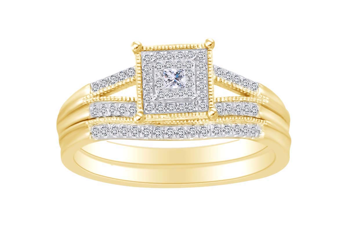 AFFY 1/5 Carat CT Princess/Round Cut White Natural Diamond Split Shank Engagement Wedding Bridal Ring Set In 10k Solid Yellow Gold (I-J Color, I2-I3 Clarity, 0.20 Cttw) Ring Size-8