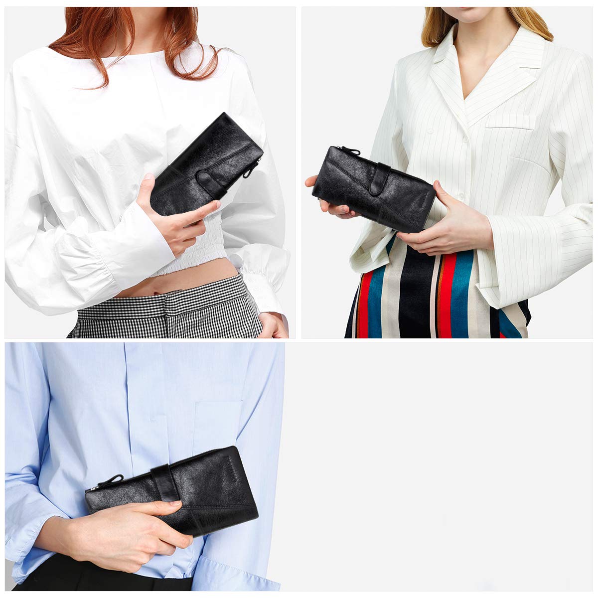 Contacts Real Leather Women Secretary Zipper Phone Holder Clutch Purse Wallet (Black)