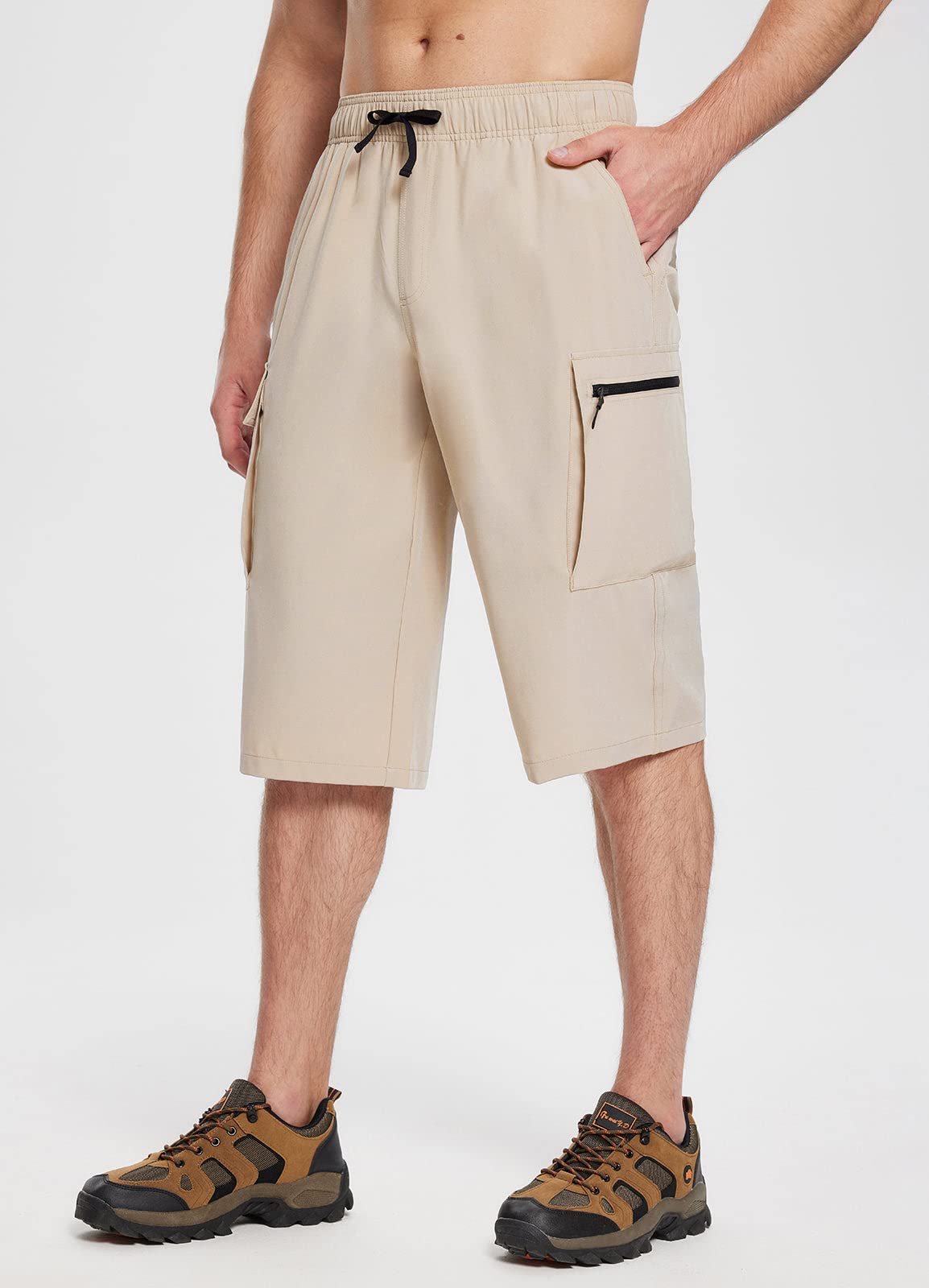 BALEAF Men's Long Shorts Below Knee 15" Capri Pants Hiking Cargo Pockets Quick Dry Lightweight Elastic Waistband Gym Khaki L