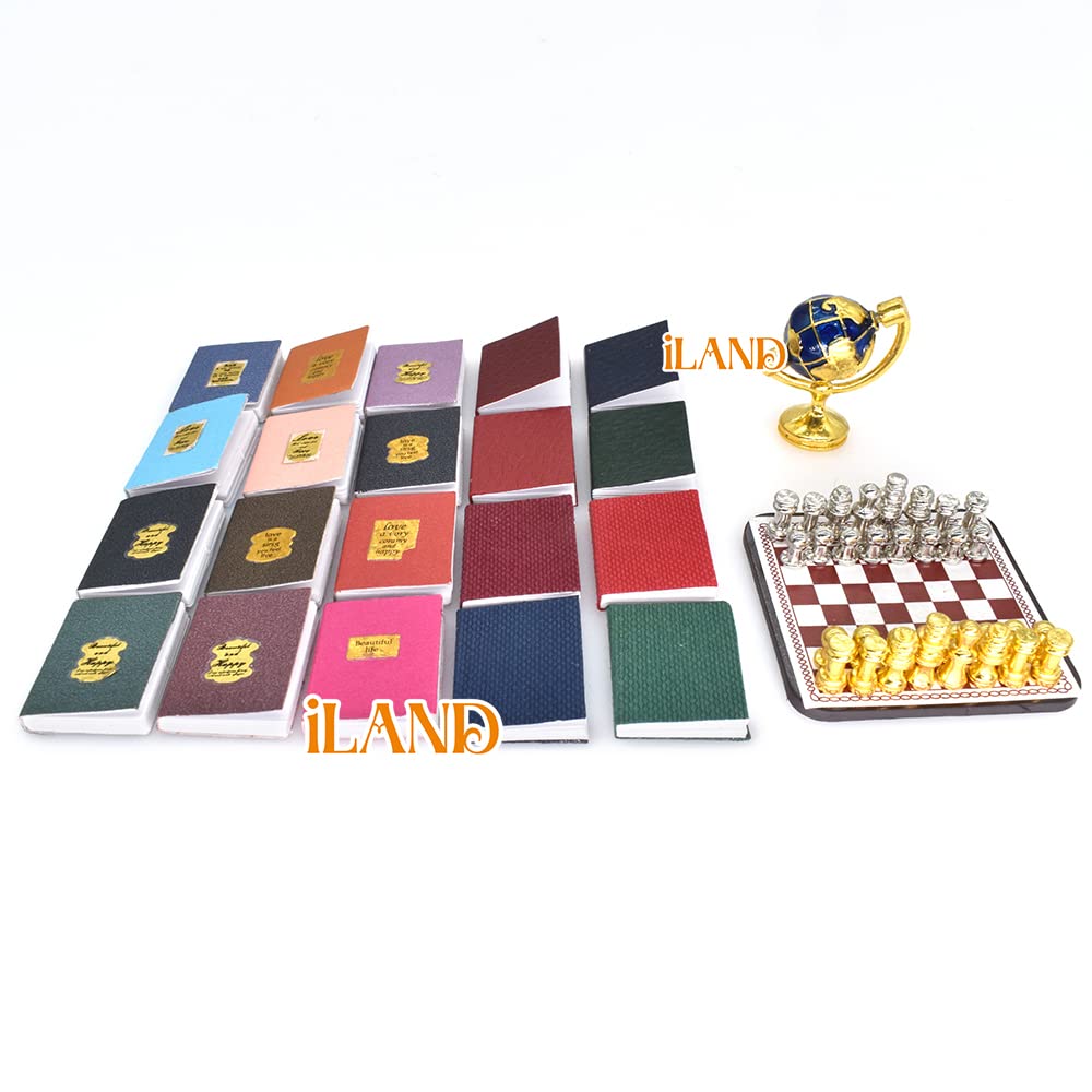 iLAND Miniature Dollhouse Accessories for Dollhouse Furniture, Mini Book Globe Chess Set for Dollhouse Study Room (Classic 22pcs)
