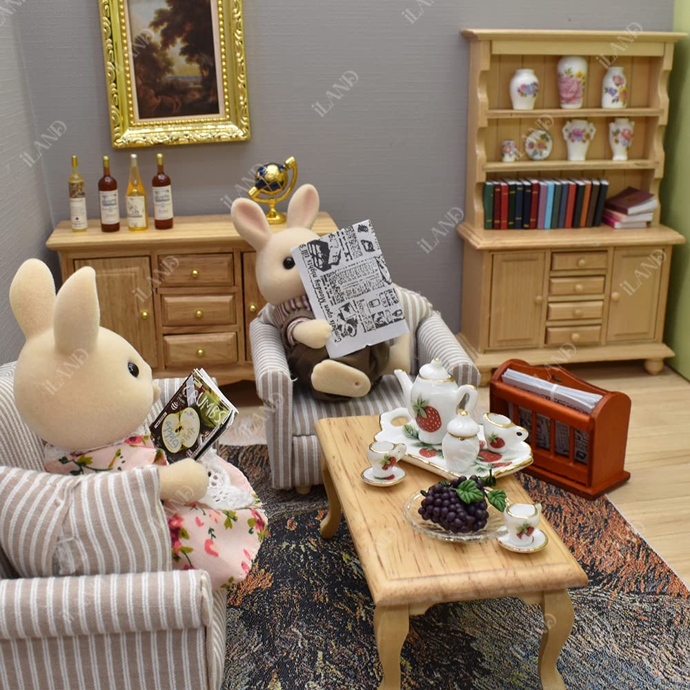 iLAND Miniature Dollhouse Accessories for Dollhouse Furniture, Mini Porcelain Vases and Decorative Plates w/a Desk Clock (Elegant Rose 11pcs)