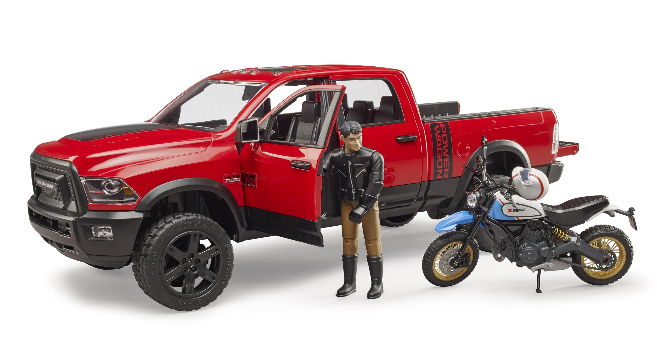 bruder Ram 2502 Power Wagon with Ducati Scrambler Desert Sled and Driver Vehicles Toy