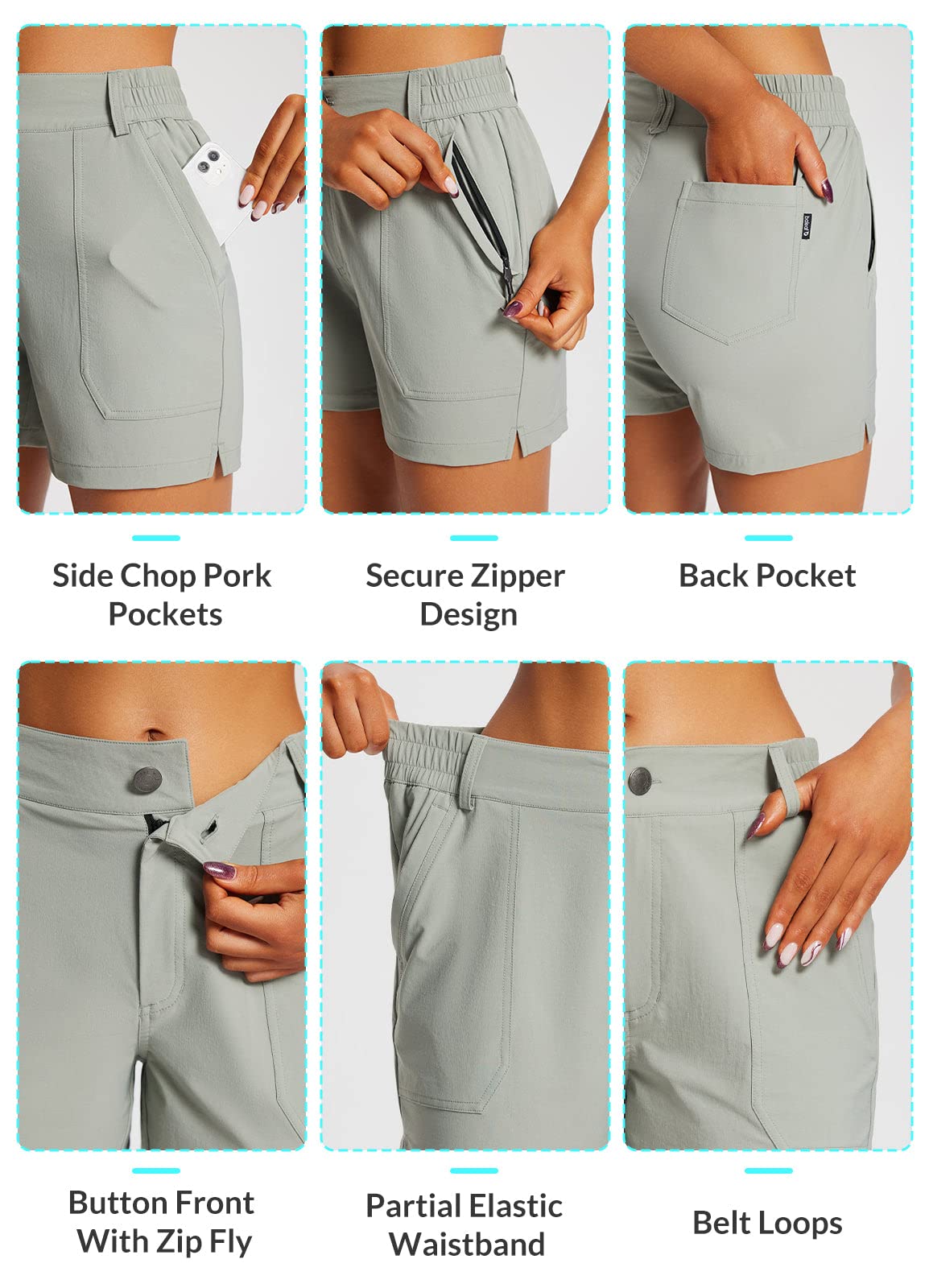BALEAF Women's 4.5" Golf Shorts Stretch Quick Dry Outdoor Causal Summer Shorts with Zipper Pockets UPF 50+ Water Resistant Light Grey L