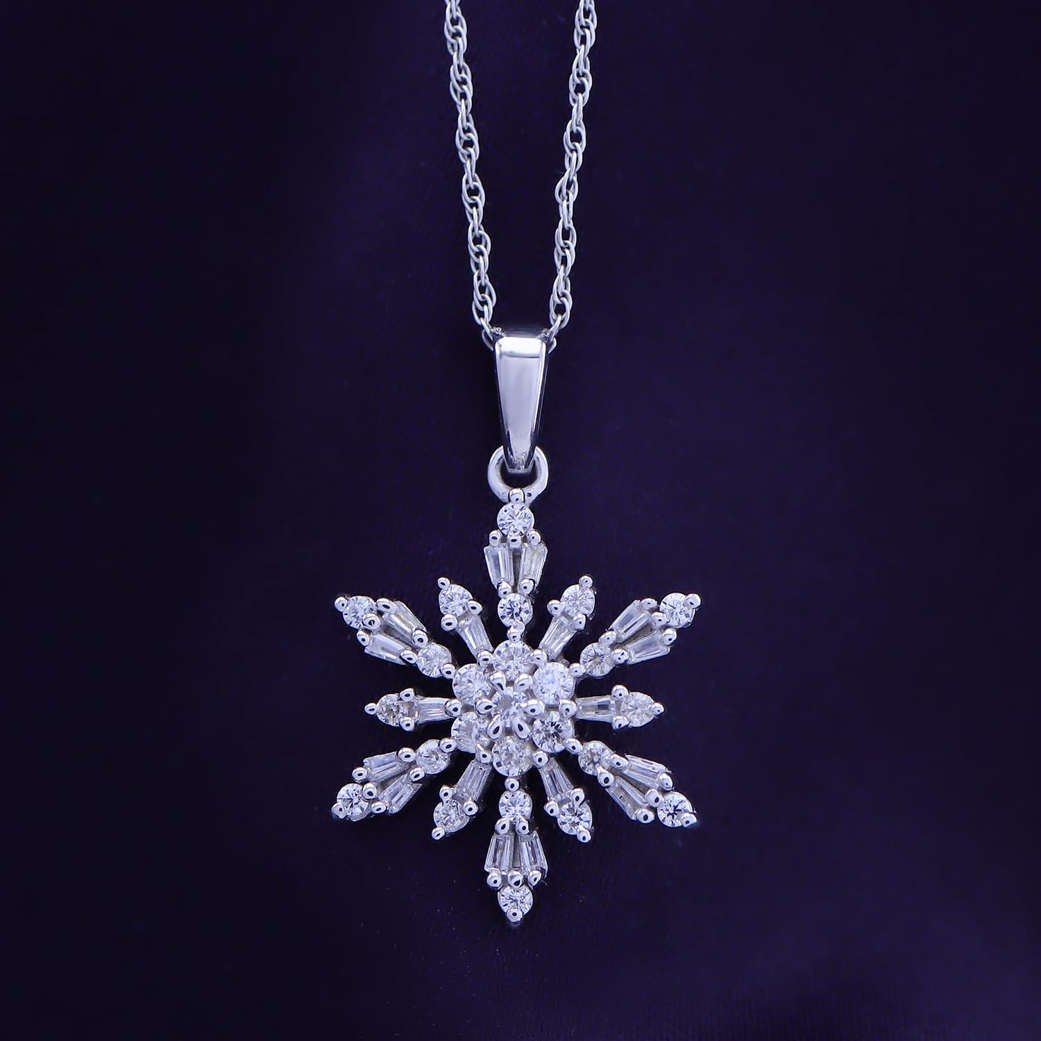AFFY Baguette & Round White Cubic Zirconia Snowflake Charm Pendant Necklace in 14k White Gold Over Sterling Silver