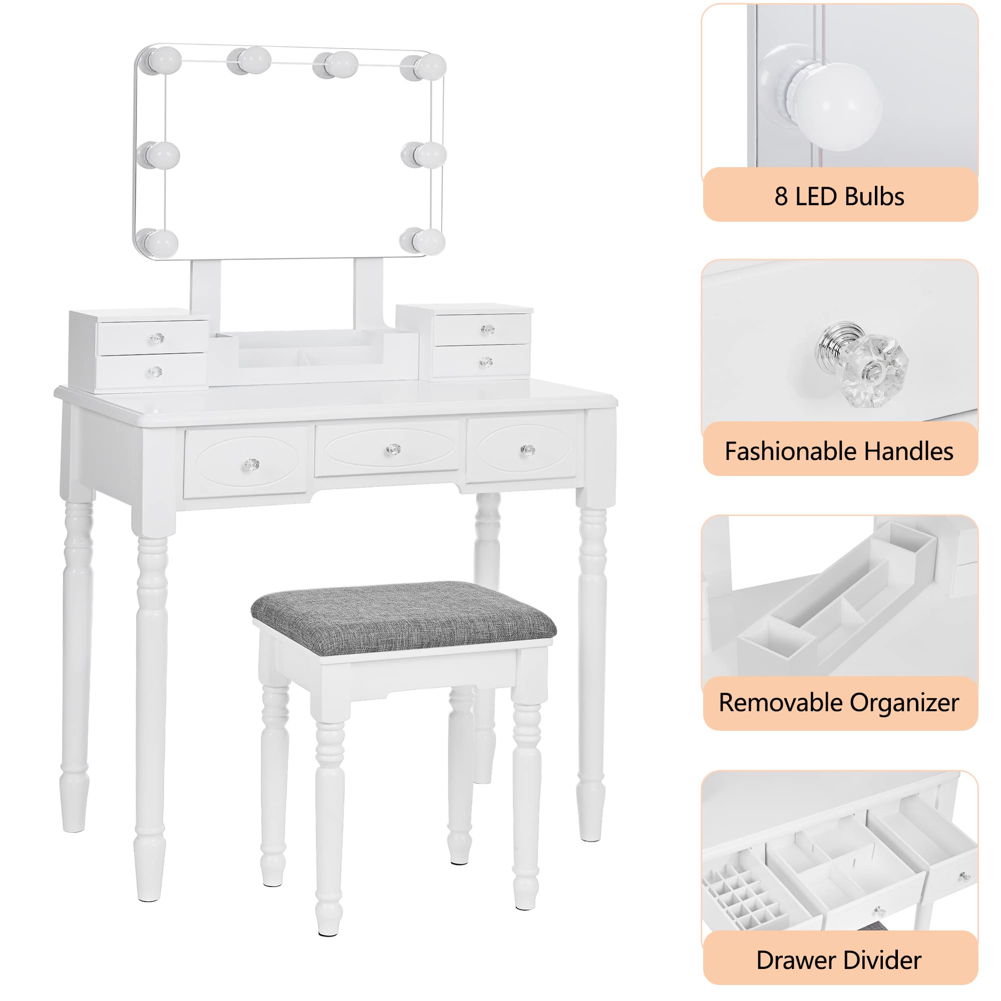 ANWBROAD Makeup Vanity Desk Vanity Set with Lighted Mirror Makeup Vanity Desk Table Set Large 8 LED Bulbs Frameless Mirror 3 Colors Modes Dimming 7 Drawers Cushioned Stool 3 Dividers White UBDT03W