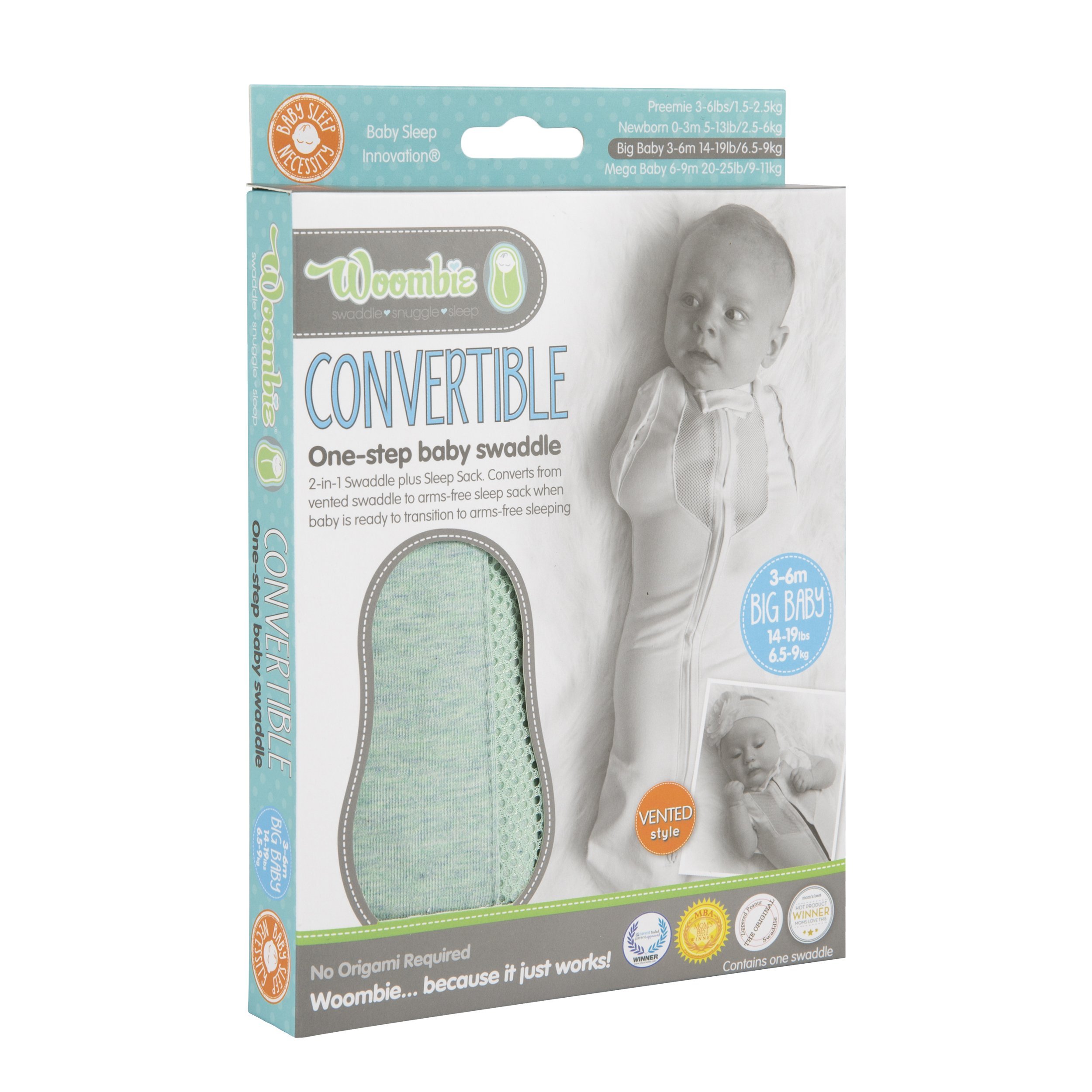Woombie Convertible Vented Baby Swaddle Blanket, Converts to Wearable Blanket for Babies Up to 6 Months, Lime Sorbet Green, 14-19 lbs