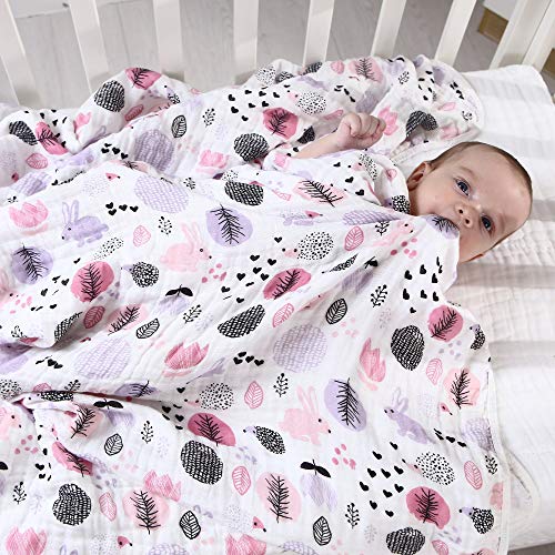 Miracle Baby Muslin Swaddle Blankets Large Cotton Receiving Blanket Nursing Cover 55''x 39''(2 Layers,Rabbit)