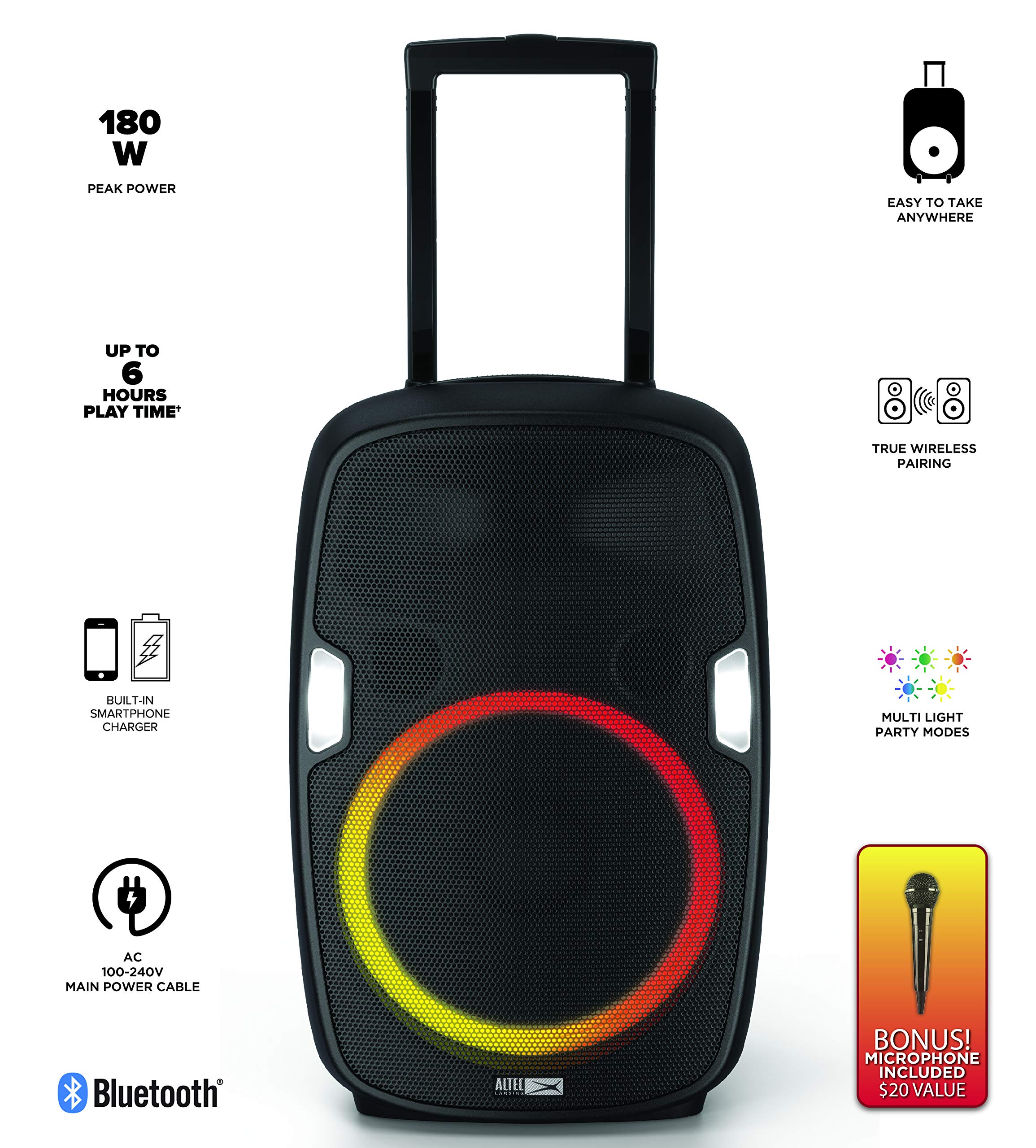 Altec Lansing SoundRover Wireless Trolley Bluetooth Speaker with Microphone, Rechargeable System Speaker for Parties, Karaoke DJ Speaker with Led Lights and USB Smartphone Charger