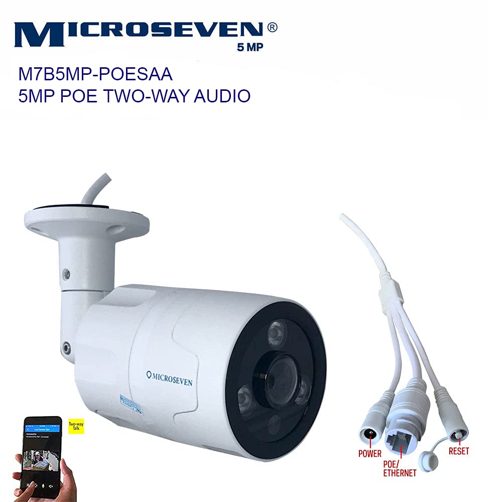 MICROSEVEN Open Source UltraHD 5MP 2560x1920 PoE Two-Way Talk,Alexa,Wide Angle,256GB SD Slot,Outdoor Night Vision Bullet Security Waterproof IP Camera,Human Motion Detection,FTP,Cloud,Web GUI,Apps+VMS