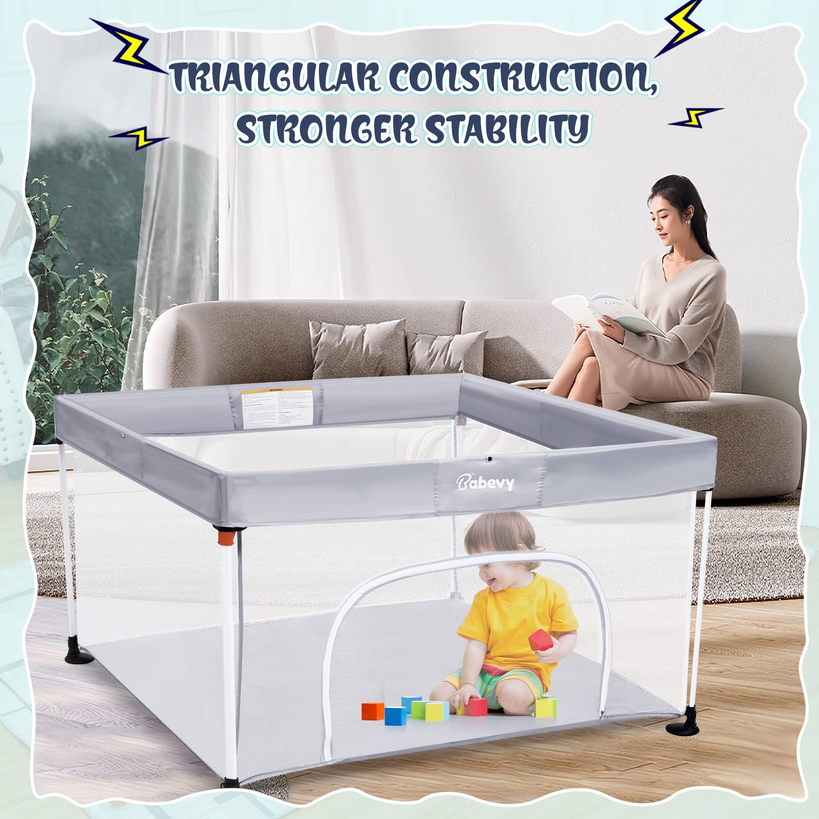 Babevy Foldable Baby Playpen Portable Baby Fence Play Yard for Babies and Toddlers with Gate, Indoor & Outdoor (Grey)