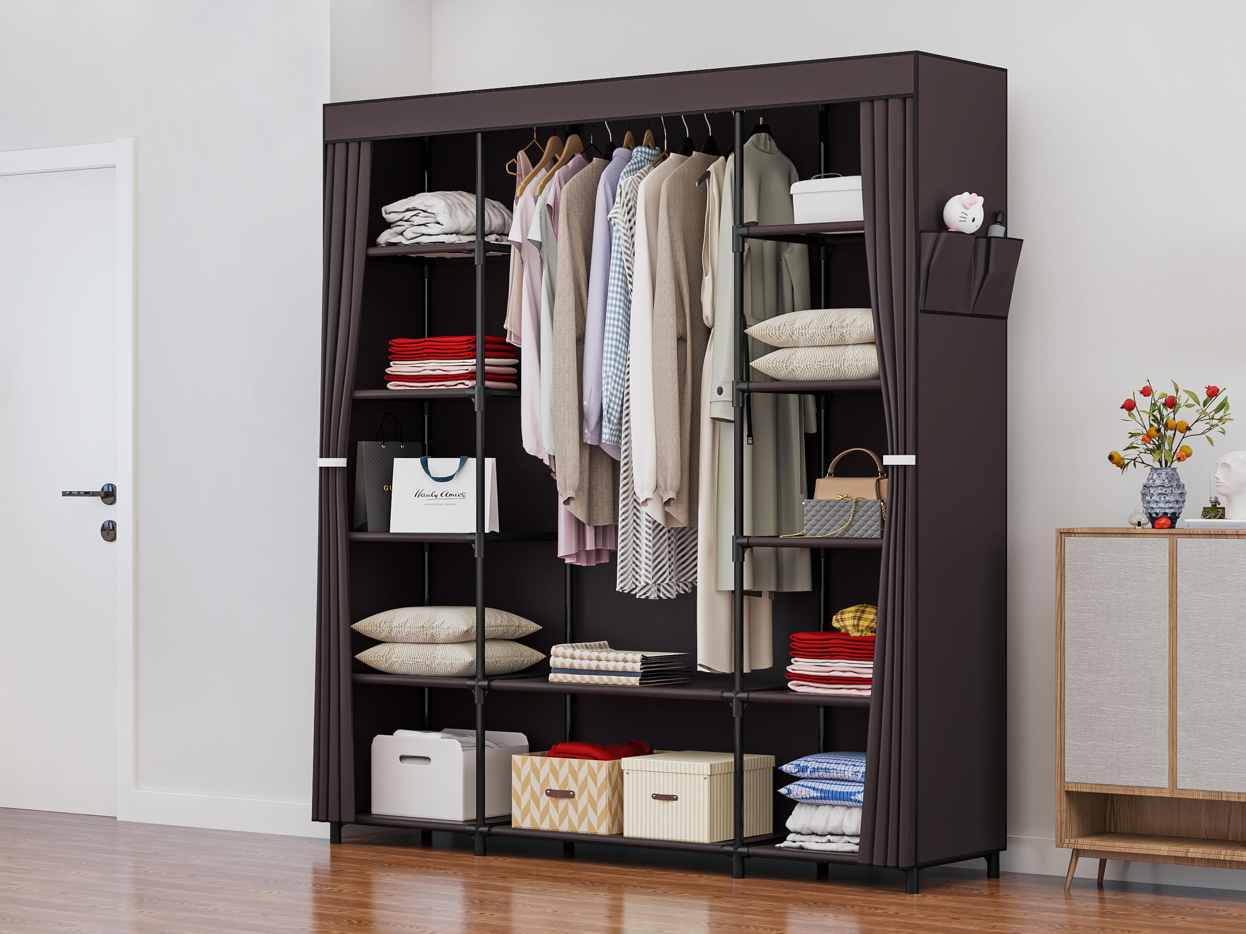 INGIORDAR Portable Closet Wardrobe Organizer Storage with Cover Non-Woben Fabric Portable Wardrobe Closet for Hanging Clothes Racks Shelving 59 Inch for Bedroom, Coffee