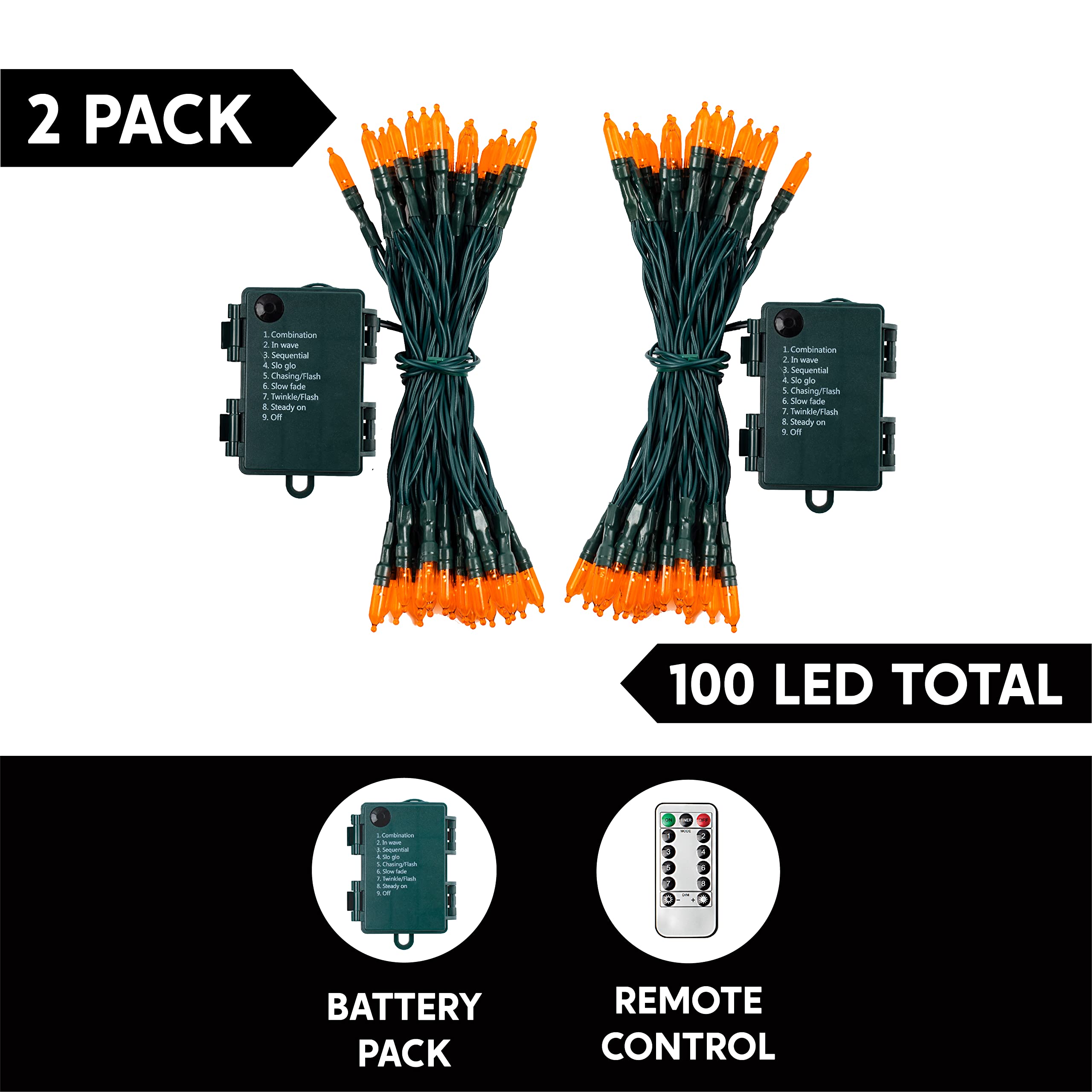 JOIEDOMI 100 (2x50) LED Halloween String Lights 32.6FT (2x16.3) Green Wire for Indoor Outdoor Holiday Décor Halloween Event Decoration, Tree, Eaves, Haunted House Theme Party (Orange)