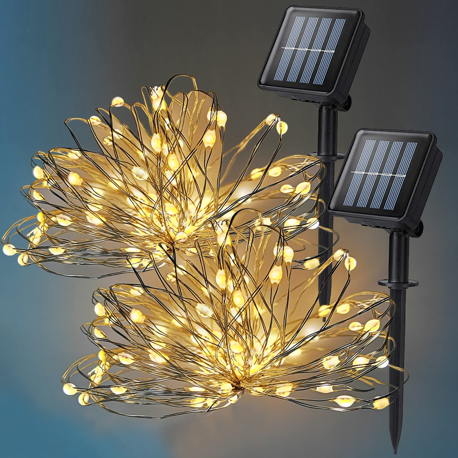 Yirunfa 2 Pack Solar String Lights, Warm White 33FT 100 LEDs Copper Wire Fairy Lights for Christmas, Bedroom, Garden, Party, Outdoor and Indoor Decoration