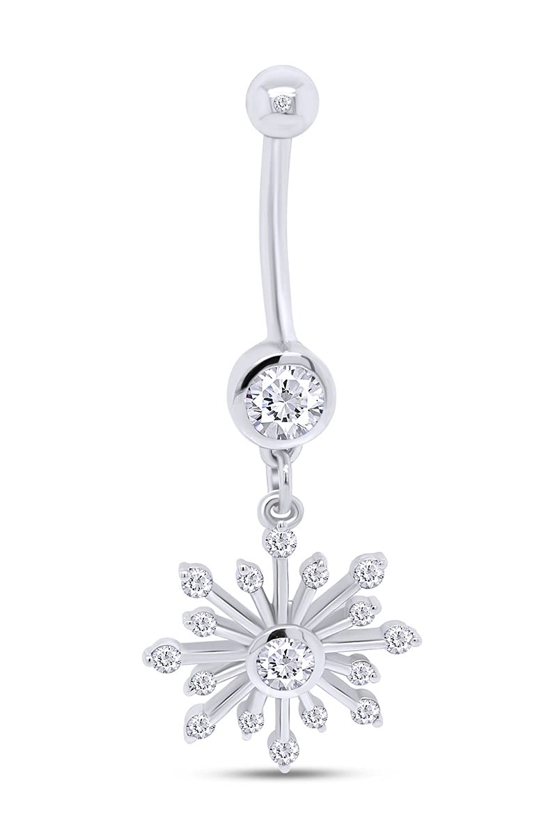 AFFY Round Shape Sparkling White Cubic Zirconia Snowflake Belly Button Navel Ring in 14K White Gold Over Sterling Silver