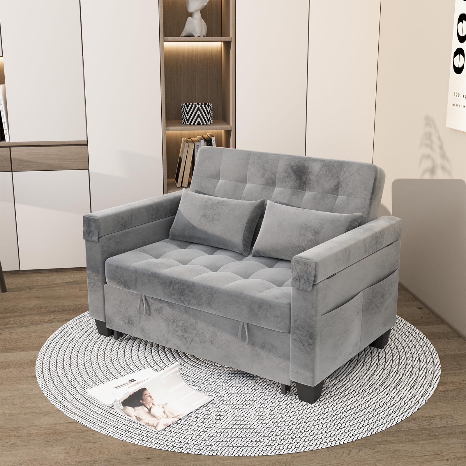 Buenhomino 3 in 1 Convertible Sofa Bed, Modern Futon Pull Out Sleeper Couch, 48'' Velvet Loveseat Chaise Lounge with Adjustable Backrest Pillows, Hidden Side Table for Living Room, Small Space Grey