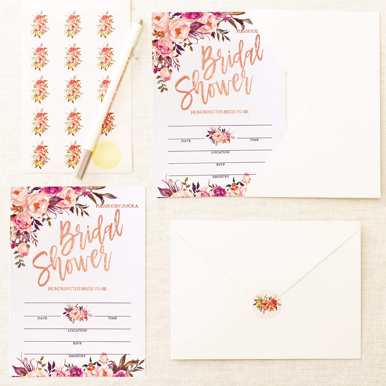 Crisky Rose Gold Foil Bridal Shower Invitation with Envelopes, Bridal Shower Invite, Wedding Shower Invitations, 25 pcs Cards & 25 pcs Envelopes & 25 pcs Stickers