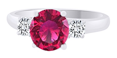 AFFY Simulated Pink Sapphire & White Natural Diamond Three Stone Engagement Wedding Ring in 14k White Gold (2.73 cttw) with Ring Size:-7