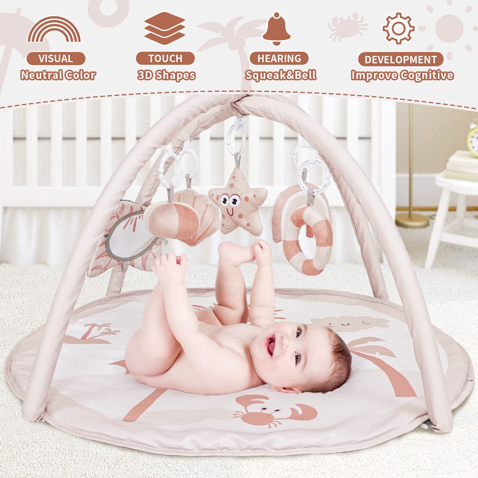 Baby Gym and Infant Play Mat, Sensory and Motor Skill Development Language Discovery Activity Gym, Non Slip Washable Playmats for Babies to Toddlers (Ocean Theme)