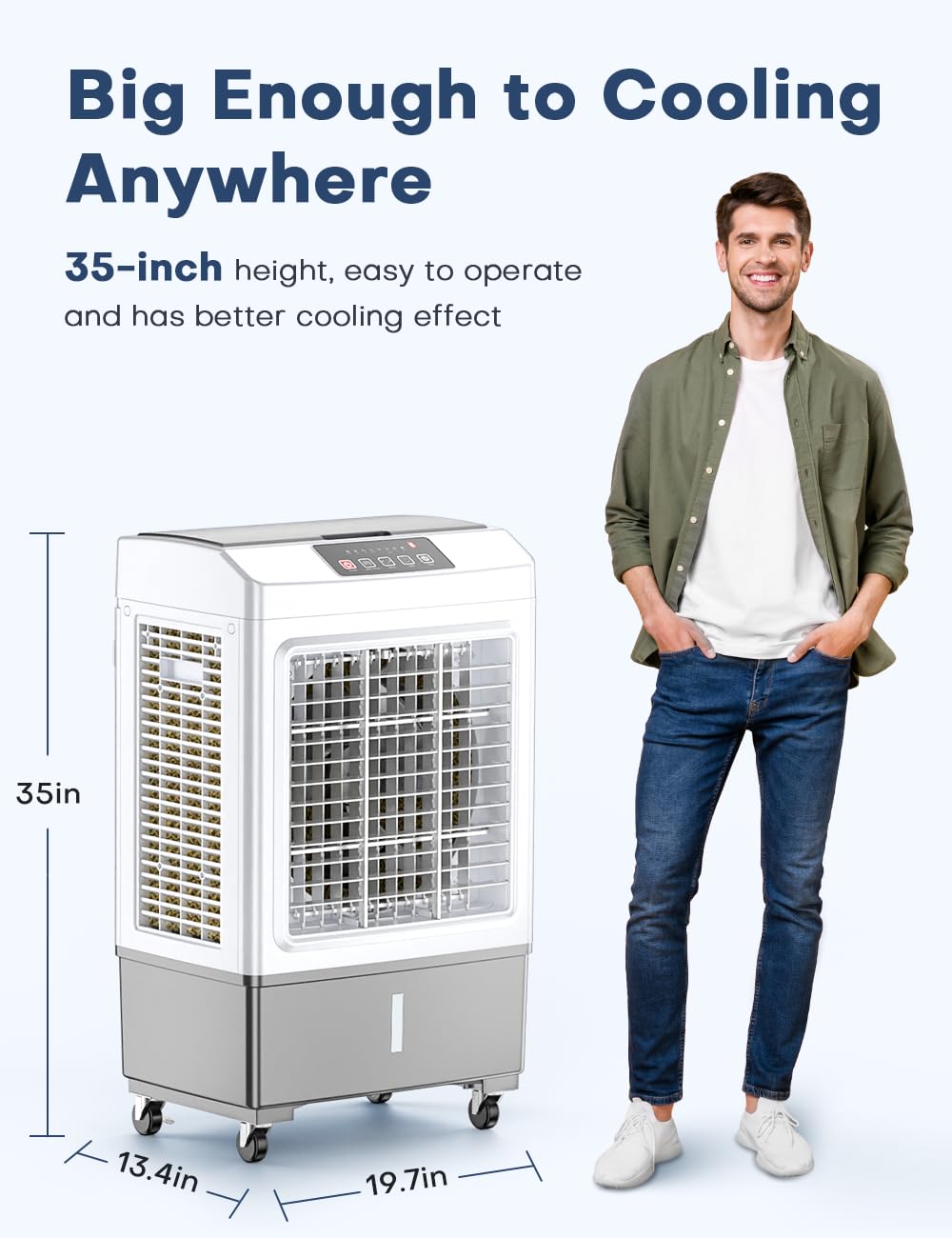 BALKO Windowless Air Conditioner, 35-INCH Swamp Cooler Air Conditioner w/2 Modes & 3 Speeds, 2100CFM, 700Sq.ft, Smart Timer for Auto off, 8Gal Tank & Remote, Wider Oscillation Evaporative Air Cooler