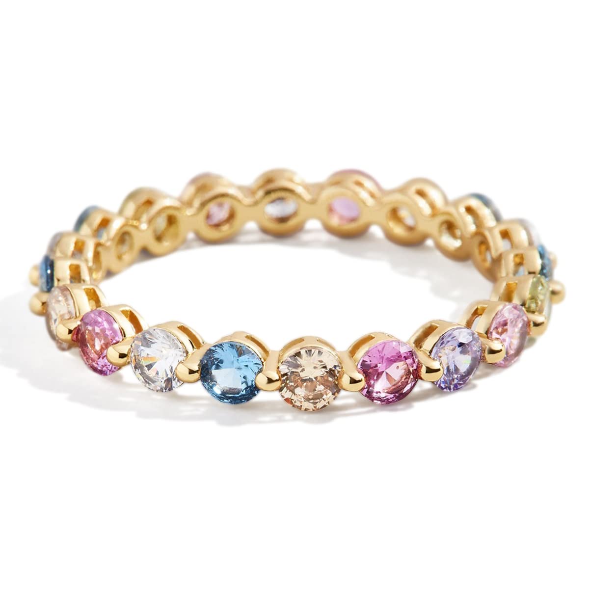 Aojun 14K Gold Plated Eternity Ring Wedding Band Princess Cut Stackable Statement Rings Gold Rings for Women (Rainbow 14K Gold, 8)