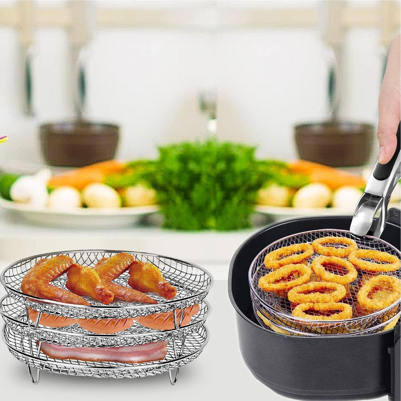 Air Fryer Racks For Ninja,Three Layer Stackable Dehydrator Rack 7.8inch Stainless Steel Round Multi-Layer Air Fryer Basket Tray Multi-Layer Dehydrator Rack Air Fryer Accessories
