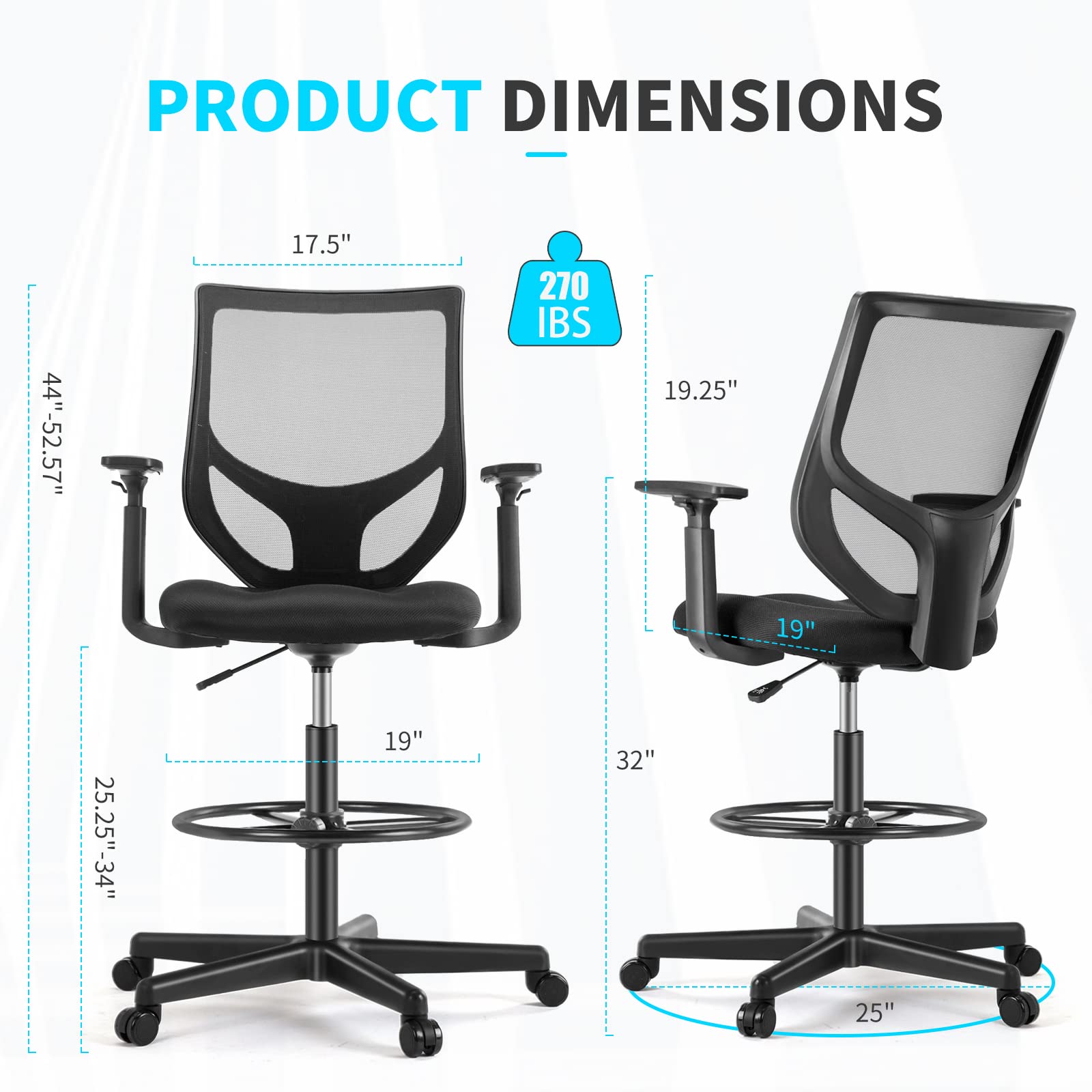 AFO Tall Drafting Chair with Adjustable Foot Ring, Ergonomic Lumbar Supportive Armrest High Resilience Sponge, Breathable Mesh, 360 Degree Swivel Rolling for Standing Desk, Dark Black