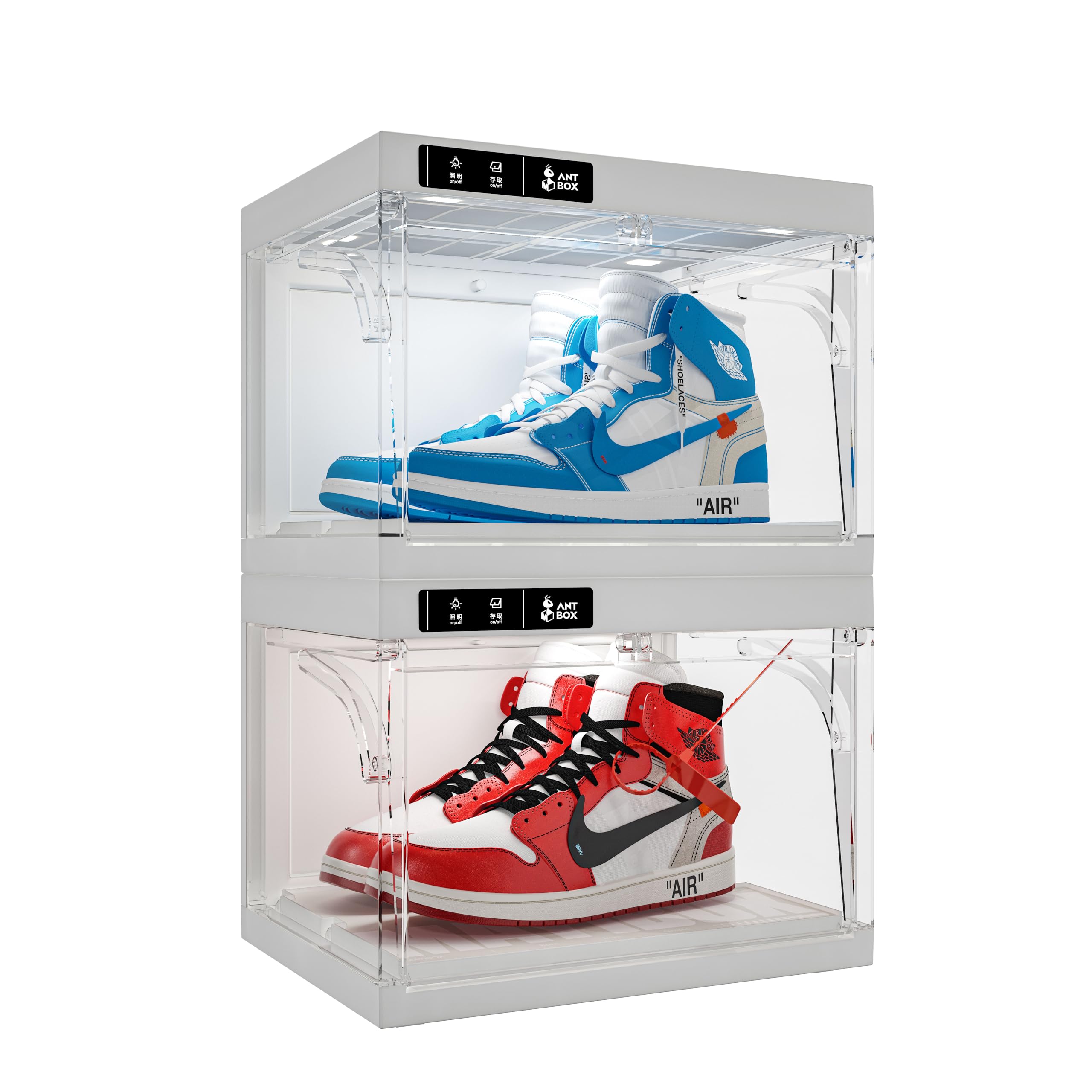 ANTBOX Shoe Organizer LED Smart Control,Auto-Shoe Boxes Clear Plastic Stackable for Sneaker Display Case and Collection Crate,Auto-Opening Shoe Storage Box (2pack) White