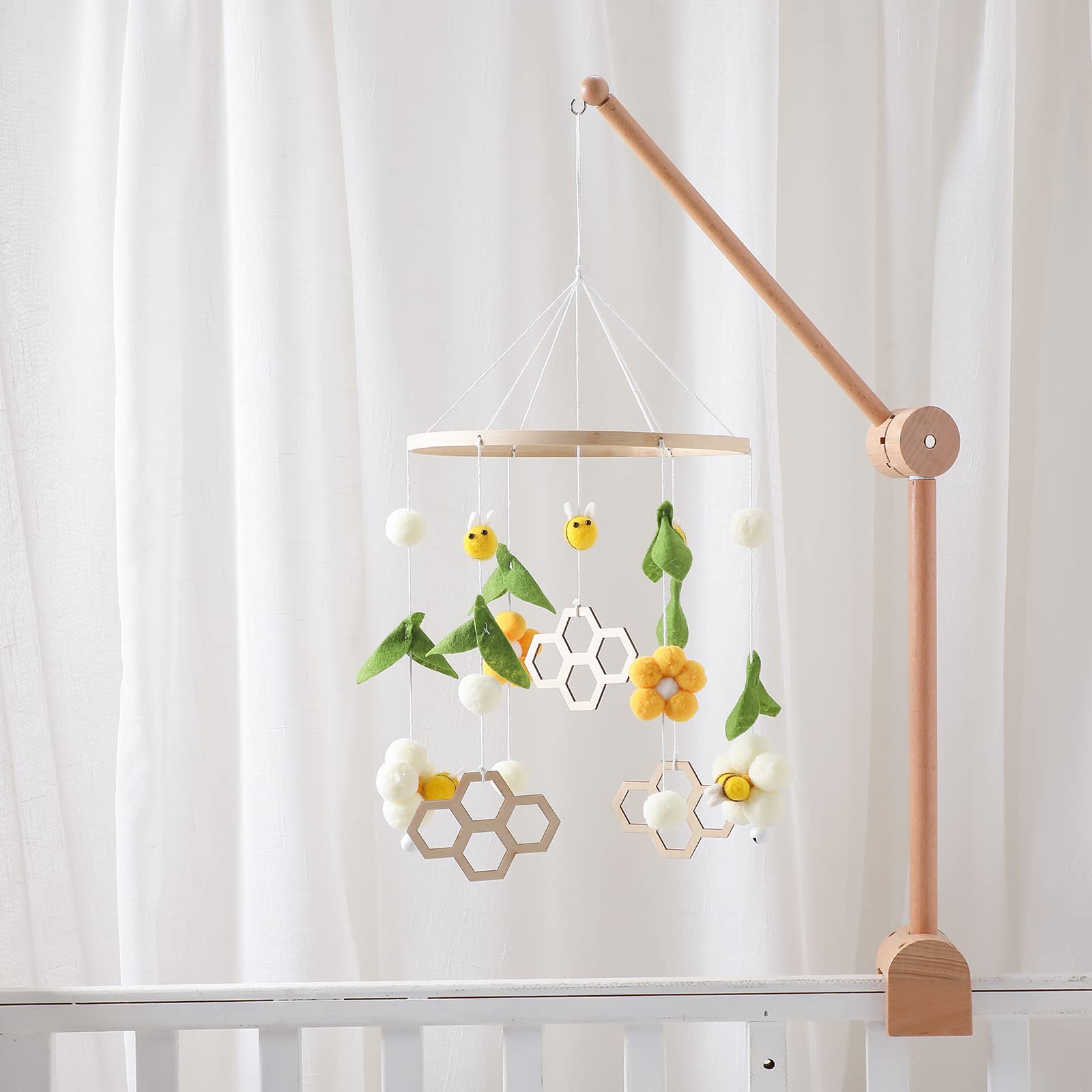 Baby Crib Mobile for Boys Girls/Bees Nursery Mobile/Nursery Cot Mobile/Gender Neutral Felt Ball Mobile/Ceiling Mobile