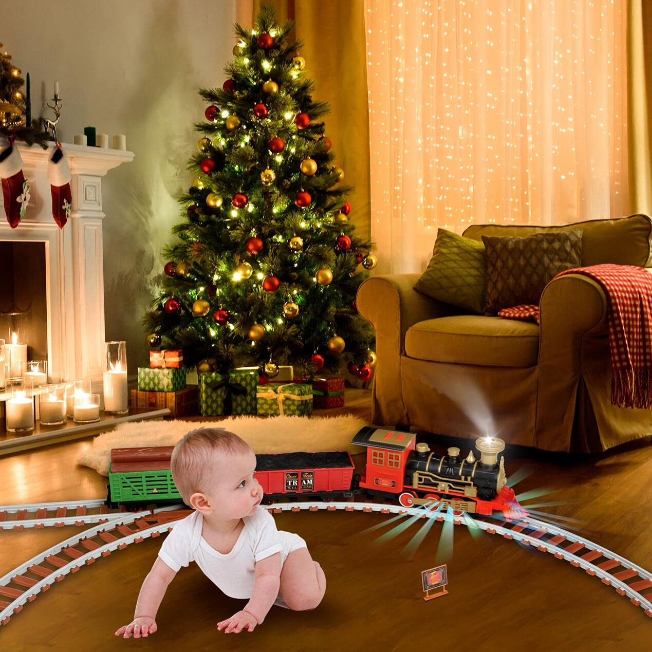 Ouriky Train Set - Electric Steam Train Set Toy for Kids with Smokes, Lights & Sounds, Railway Kits, Cargo Car & Tracks, Christmas Train Sets Under The Tree Gift for Boys Girls