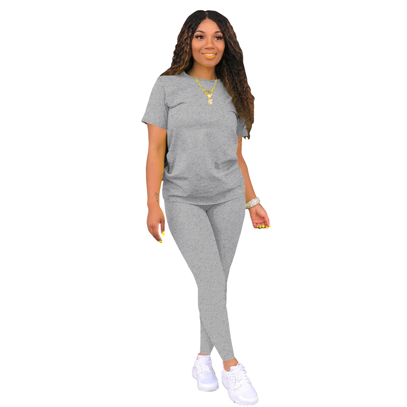 AOMONI Women Two Piece Outfits Tracksuit Summer Plus Size Top Pant Set Casual Short Sleeve T-shirt Gray 3X-Large