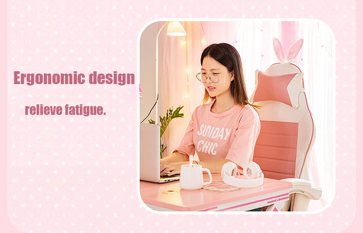 FFLLAS Gaming Chair Pink,Computer Office Chair Cute Pink Rabbit Style, with Retractable Arms and Footrest Adjustable Massage Lumbar Cushion Ergonomic Computer Desk Chair,Purple