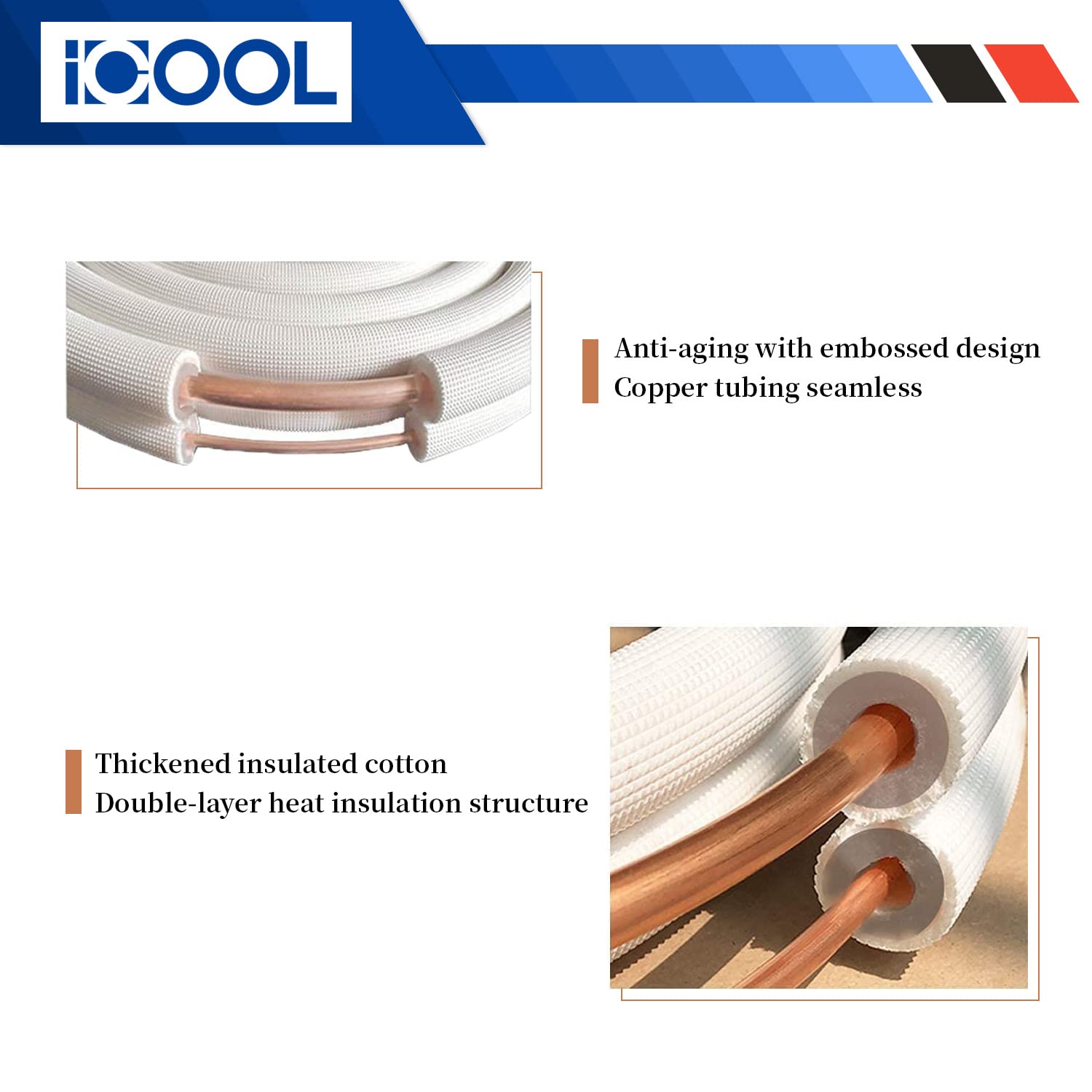 ICOOL 16 Ft. Mini Split Line Set, 1/4" & 1/2" O.D. Twin Copper Pipes, 3/8" Thickened PE Insulated Coil Copper Line for Air Conditioner HVAC Refrigeration and Heating Equipment, with Fittings