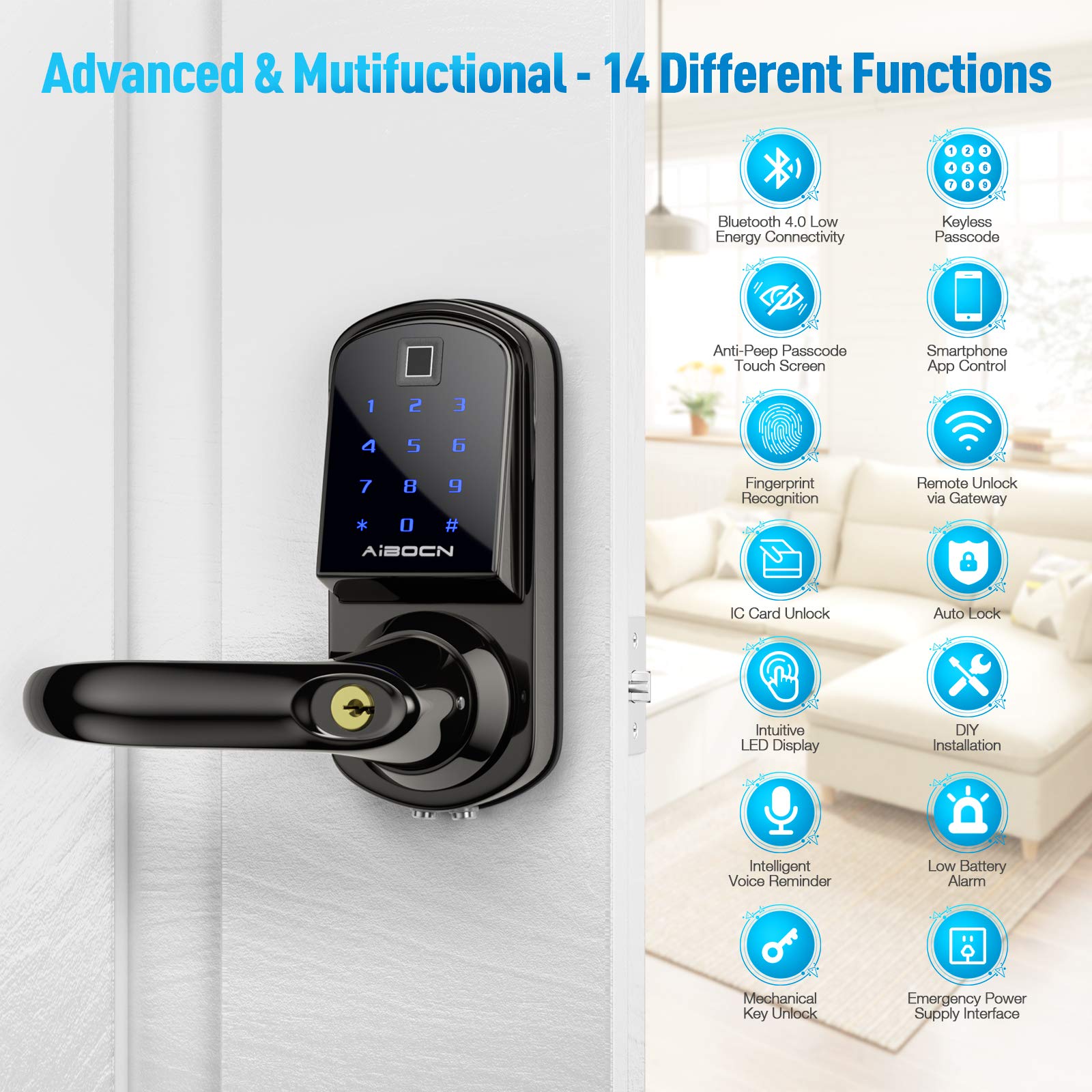 Aibocn Smart Lock, Keyless Entry Door Lock with Bluetooth, Touchscreen Keypad Deadbolt Lock with App, Fingerprint, IC Card, Code, Easy to Install for Home Hotel Apartment, Reversible Door Lever