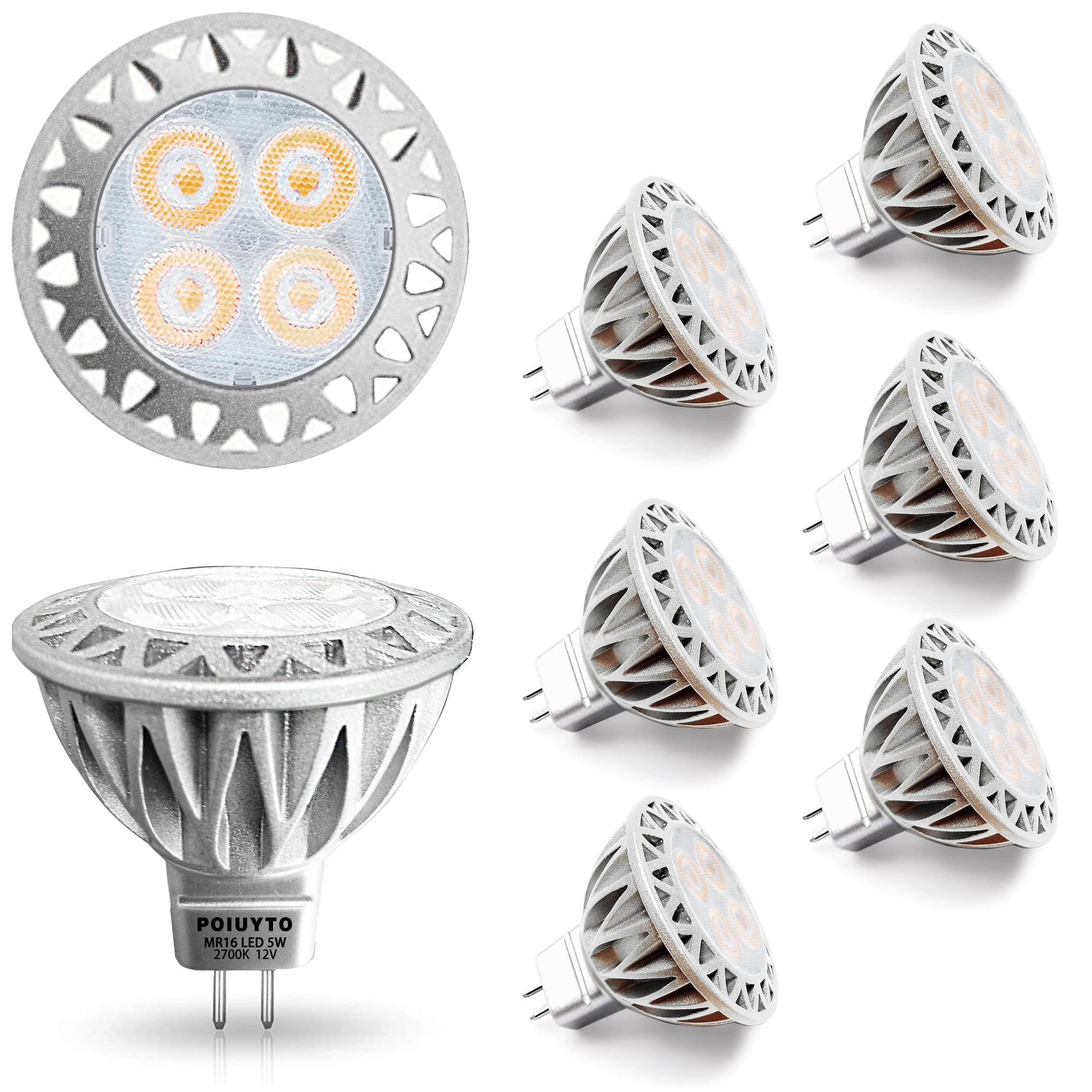 Aluminum MR16 led Bulb Spotlight GU5.3 Base 5W Replace 20W 35W Halogen Equivalent,Soft Warm White 2700K,12V Low Voltage LED Bulbs for Outdoor Landscape Flood Ceil Track Lighting,Not Dimmable,38° 6Pack