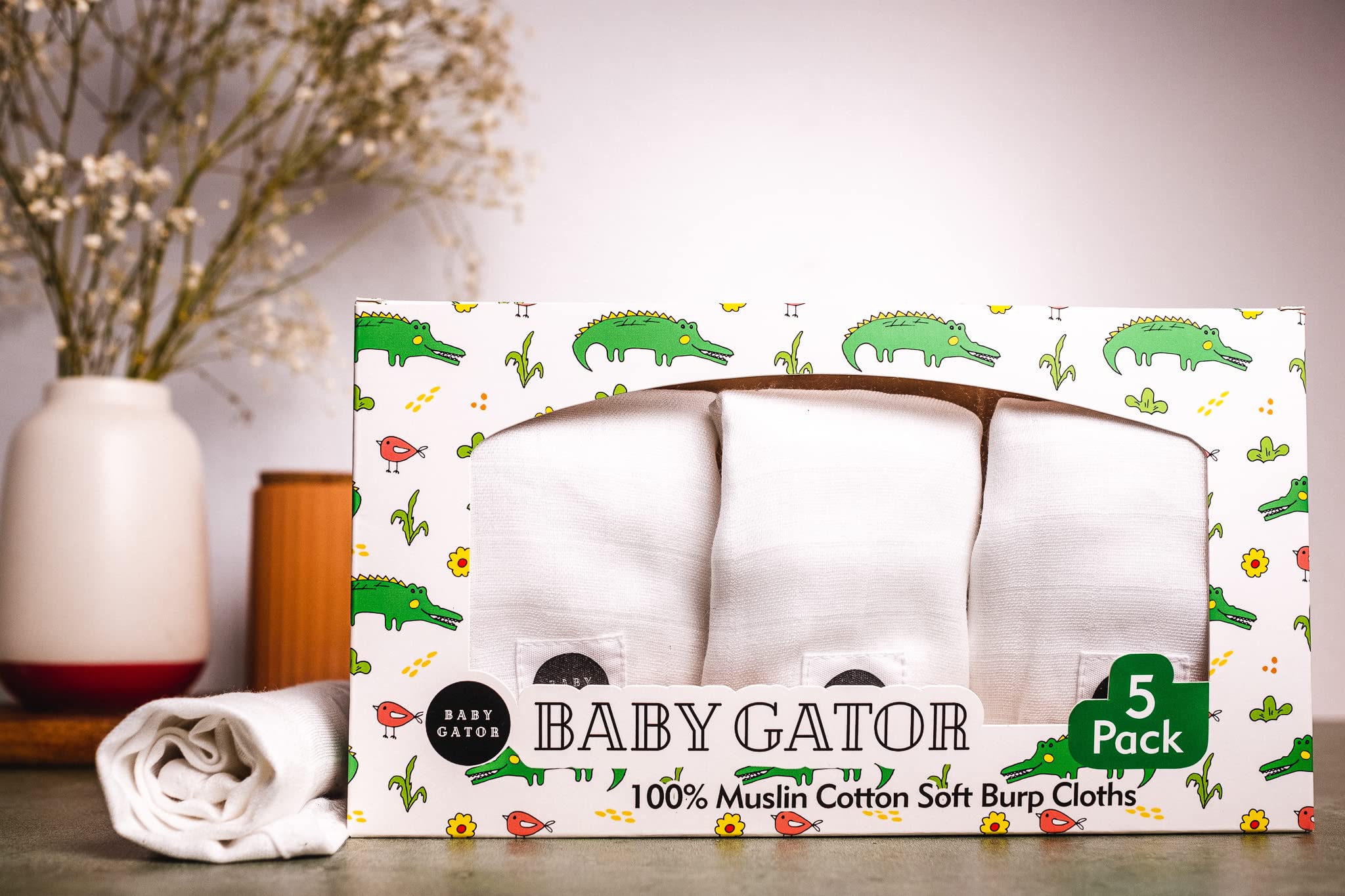 Baby Gator | Organic Bamboo Cotton Muslin Burp Cloths | 5-Pack 20 x 10 Inch | Machine Washable | Absorbent and Light