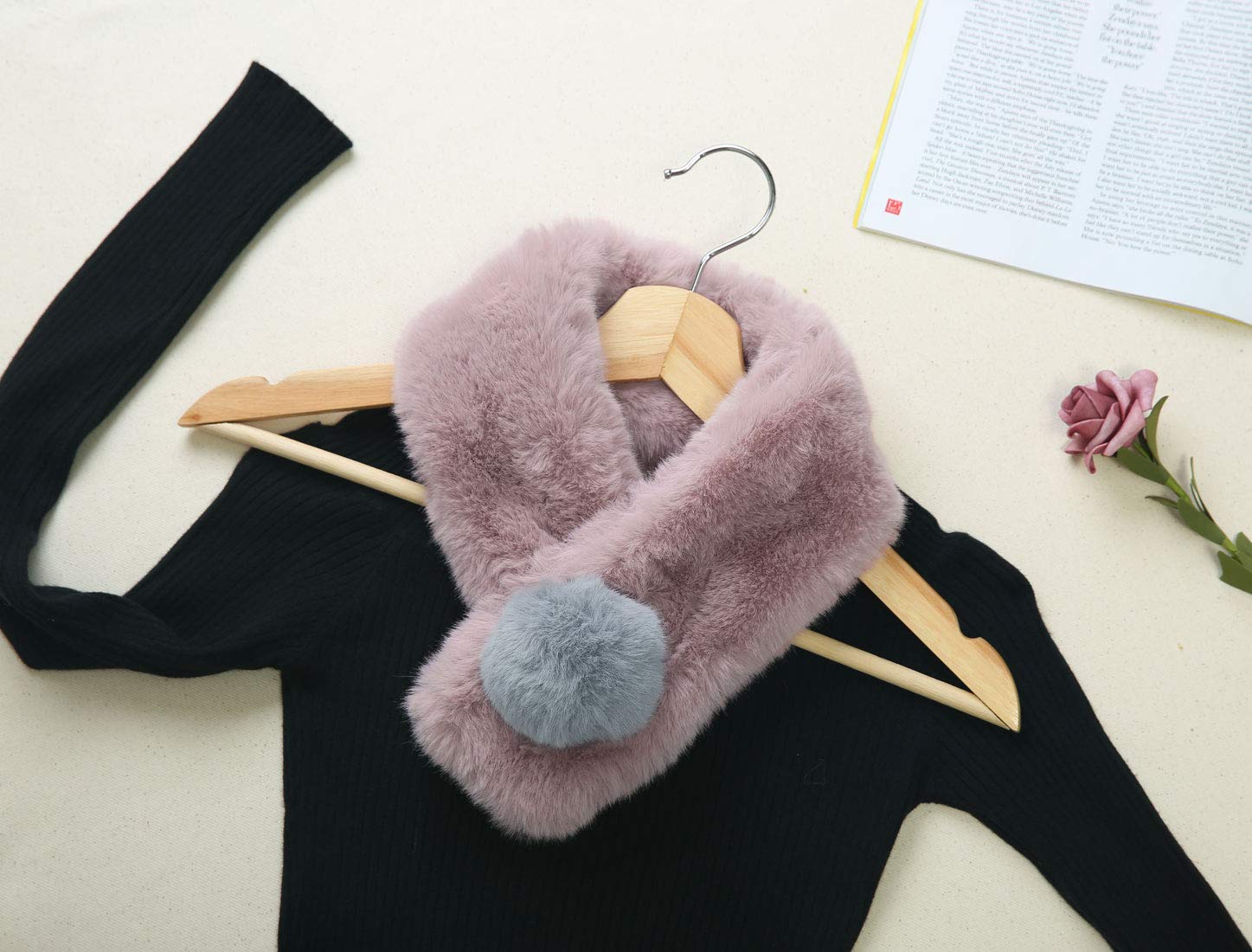 Allegra K Fluffy Faux Fur Hairball Collar Scarf Solid Color Plush Neck Wrap Winter Warmer for Women Pink