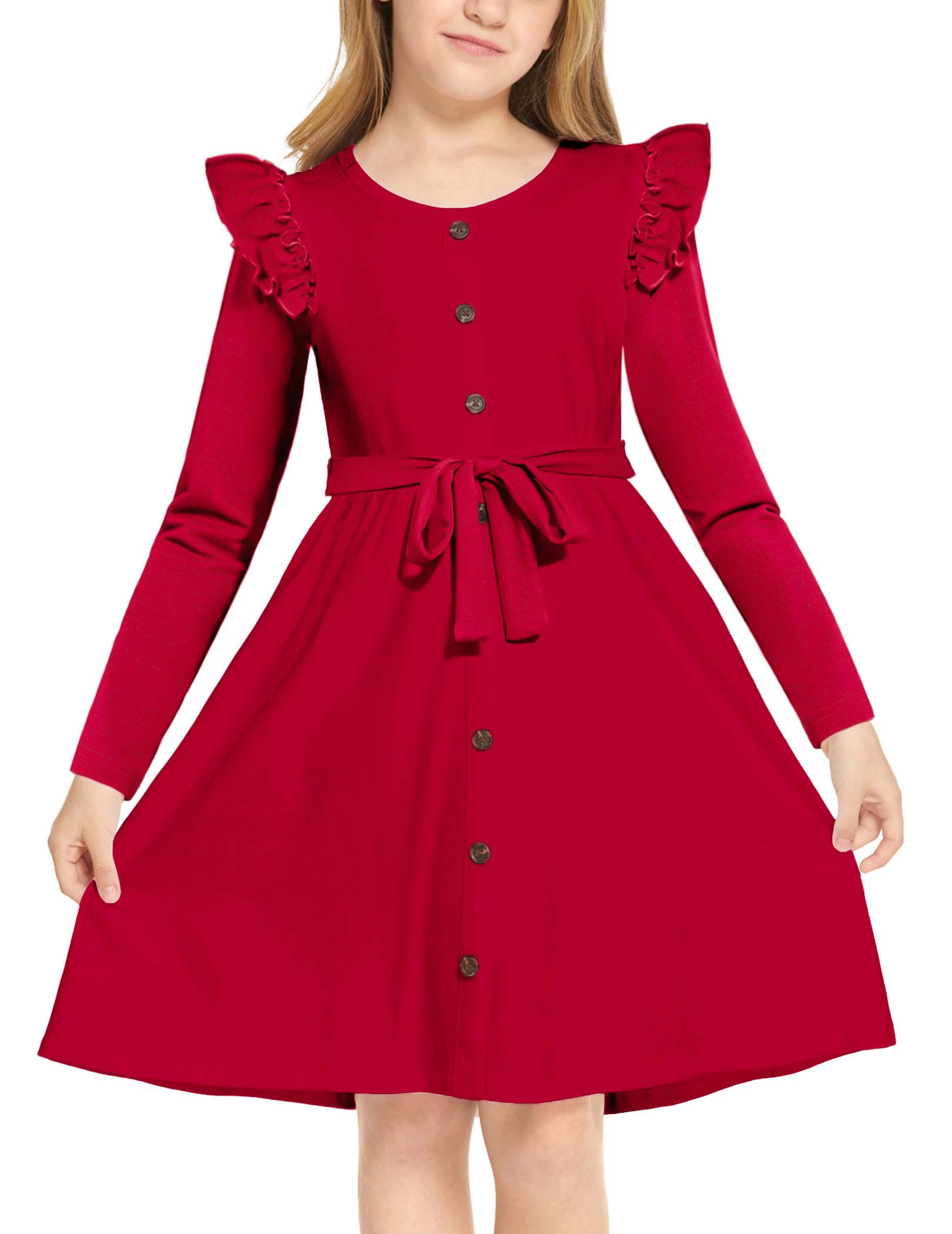 Arshiner Girls Solid Dress Ruffle Long Sleeve Pleated Casual Swing Dresses with Pockets for Kids (Red, 7-8 Years)