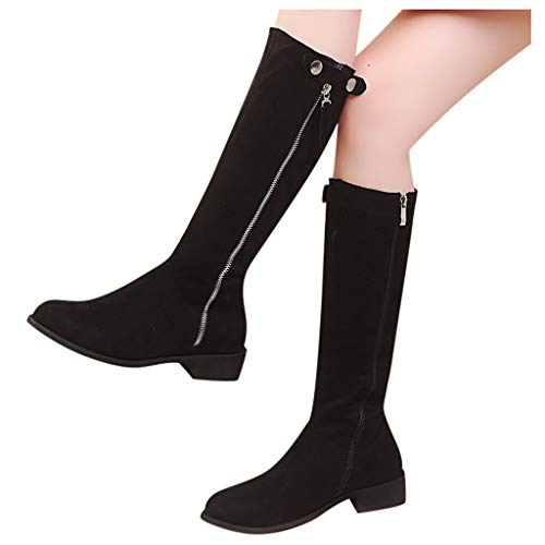 Fheaven Women's Flock Side Zip Knee High Boots Buckle Low Heel Casual Middle Tube Booties