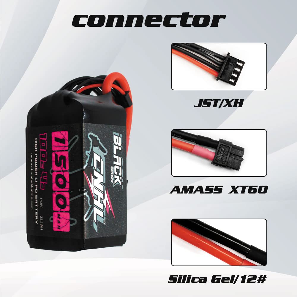 CNHL 1500mAh 4S Lipo Battery 14.8V 100C with XT60 Plug for FPV Drone Racing RC Quadcopter Helicopter Airplane Boat Car(2 Packs)