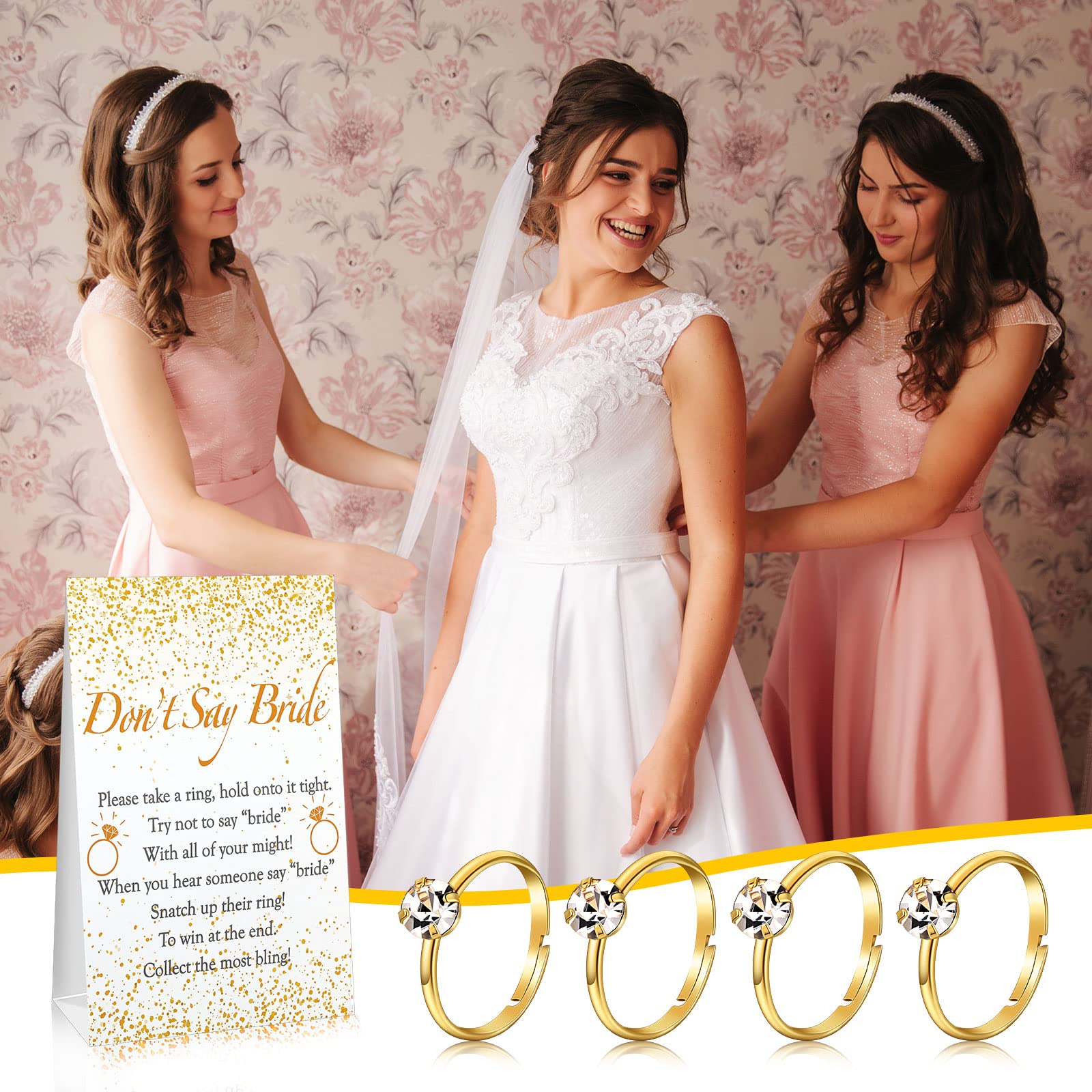 Geosar Ring Game Put a Ring on It Bridal Shower Games with Rings Dont Say Bride Game Rules and 60 Plastic Rings Bridal Shower Favors for Guests Wedding Shower Games(Gold, Confetti)