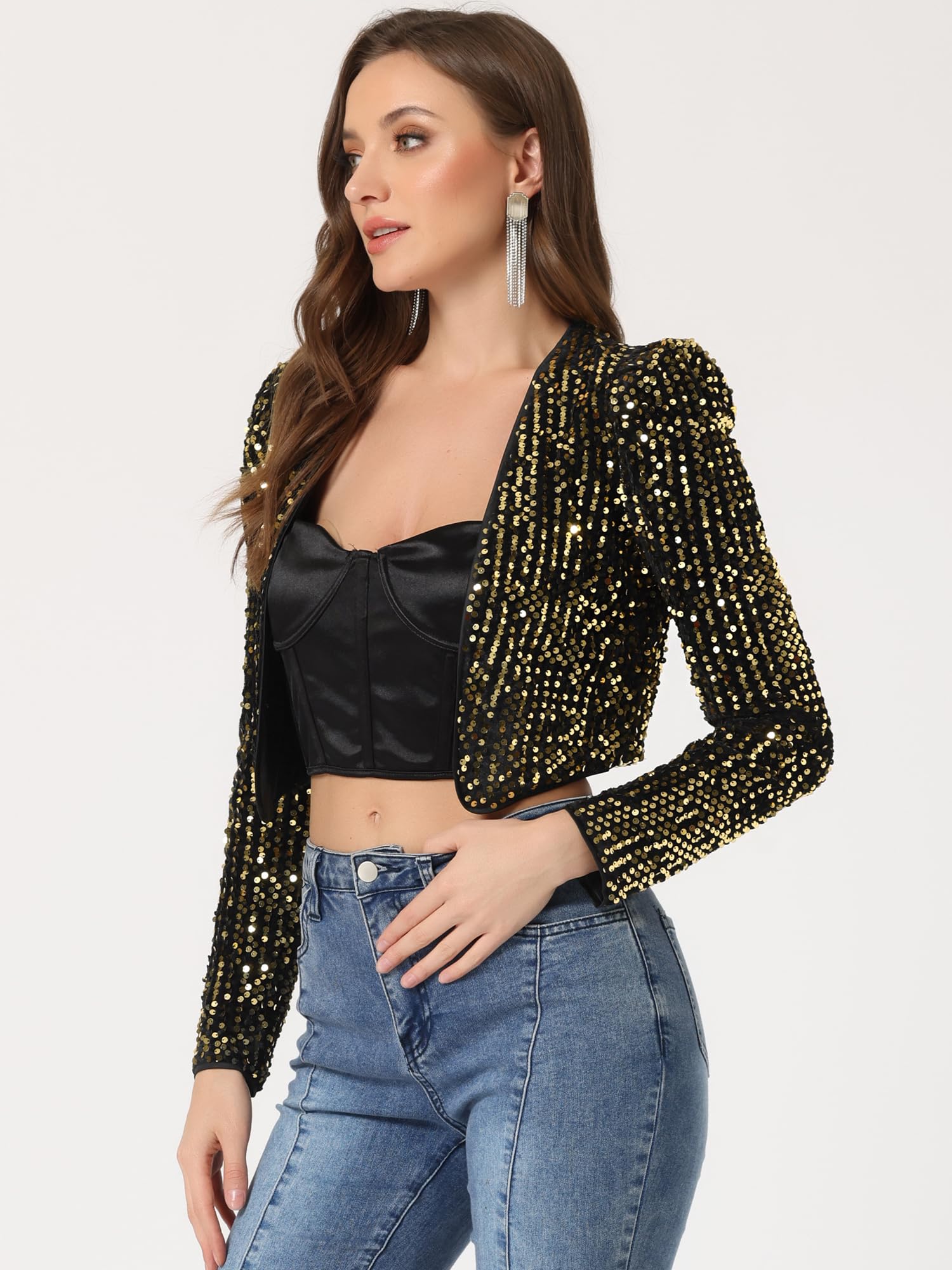 Allegra K Women's Sequin Shrug Open Front Collarless Christmas Glitter Sparkly Crop Blazer Jacket Small Black Gold