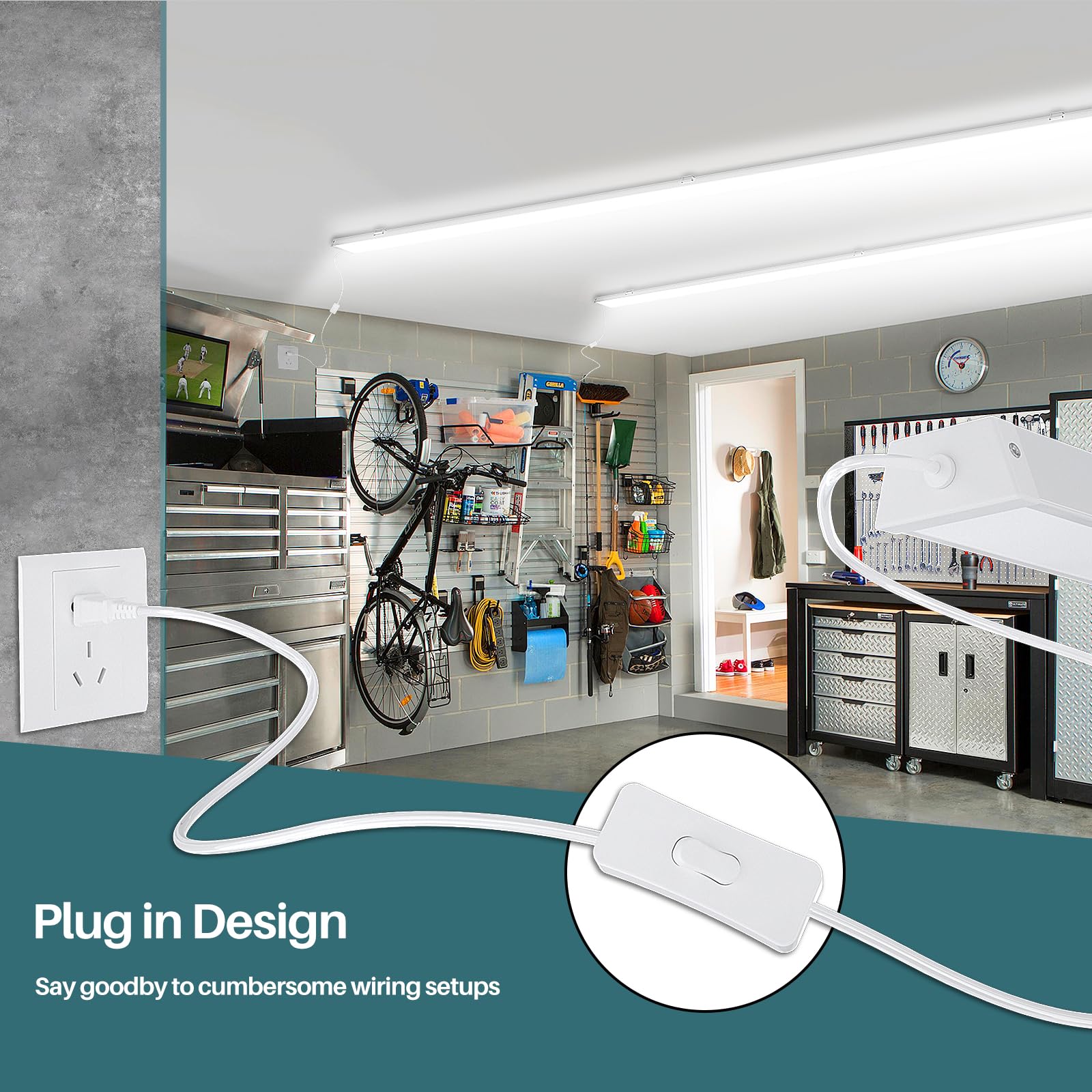 AntLux 8FT LED Shop Lights, 100W [6-lamp T8 Fluorescent Equiv.] Compact 8 Foot Garage Light with 5ft Cord Switch, Plug in, 12000LM, 5000K, Energy Saving Strip Light, Surface/Suspended Mount, 4 Pack
