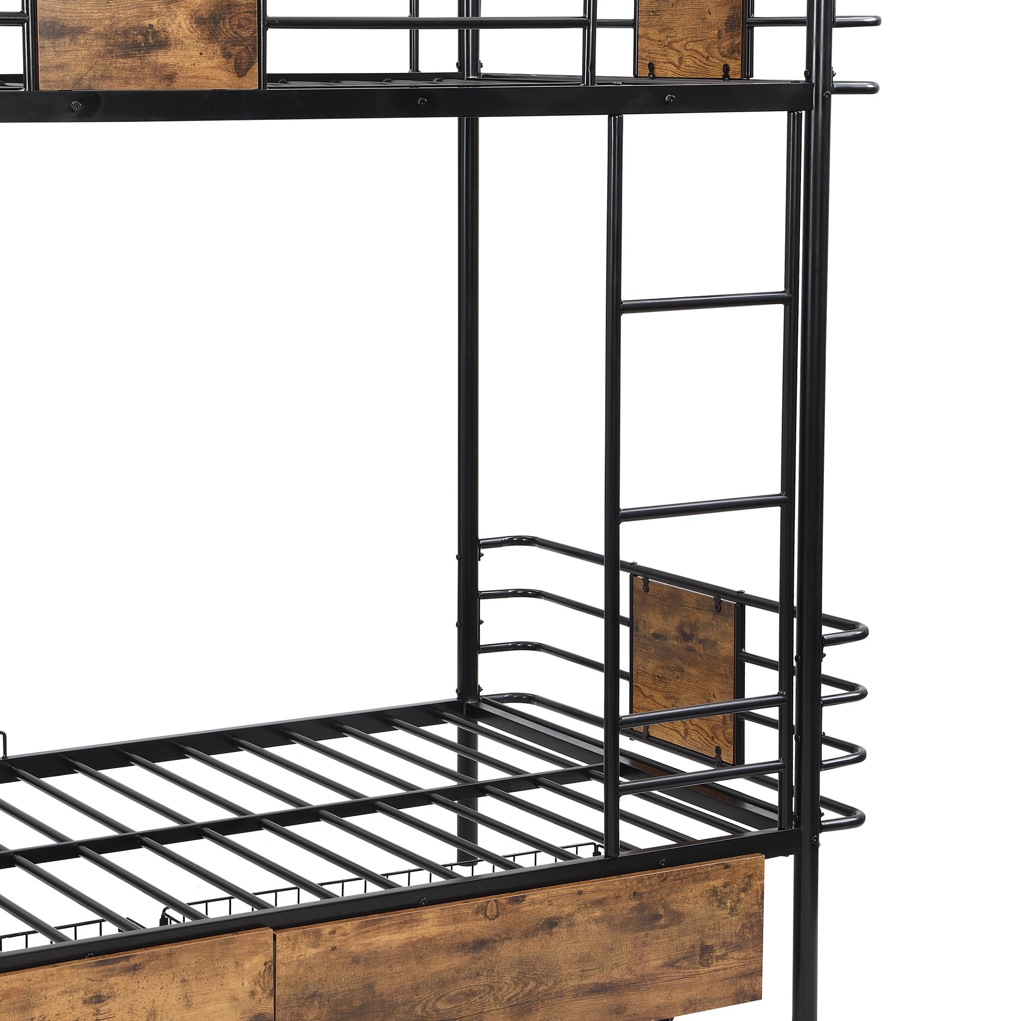 CKLMMC Twin XL Over Twin XL Metal Bunk Bed with MDF Board Guardrail and Two Storage Drawers for Kids Teens Adults
