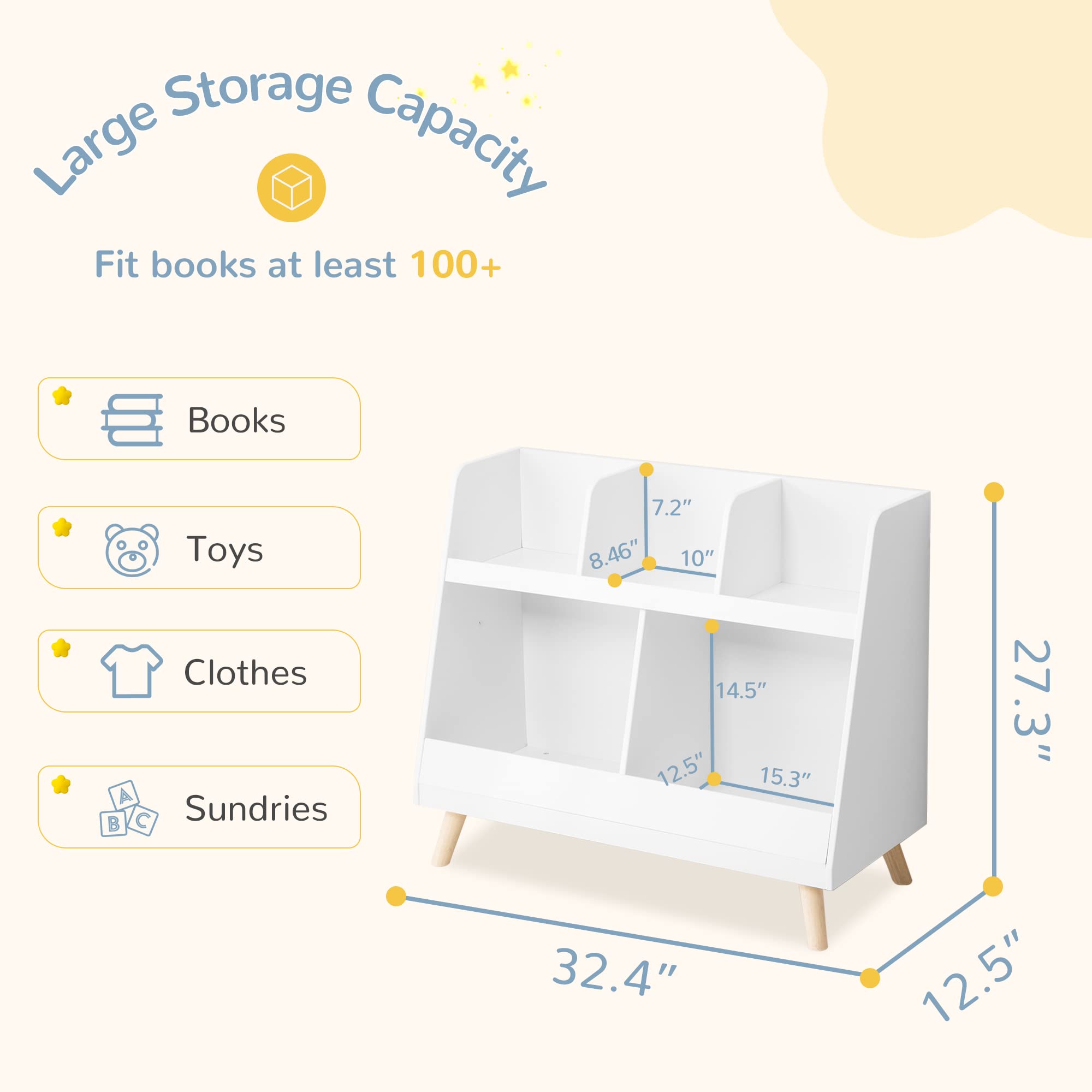 Curipeer Kids Bookshelf and Toy Organizer, 5 Cubbies Wooden Open Bookcase, 2-Tier Baby Storage Display with Legs, Free Standing Bookshelf for Playing Room, Bedroom, Nursery, Classroom, White
