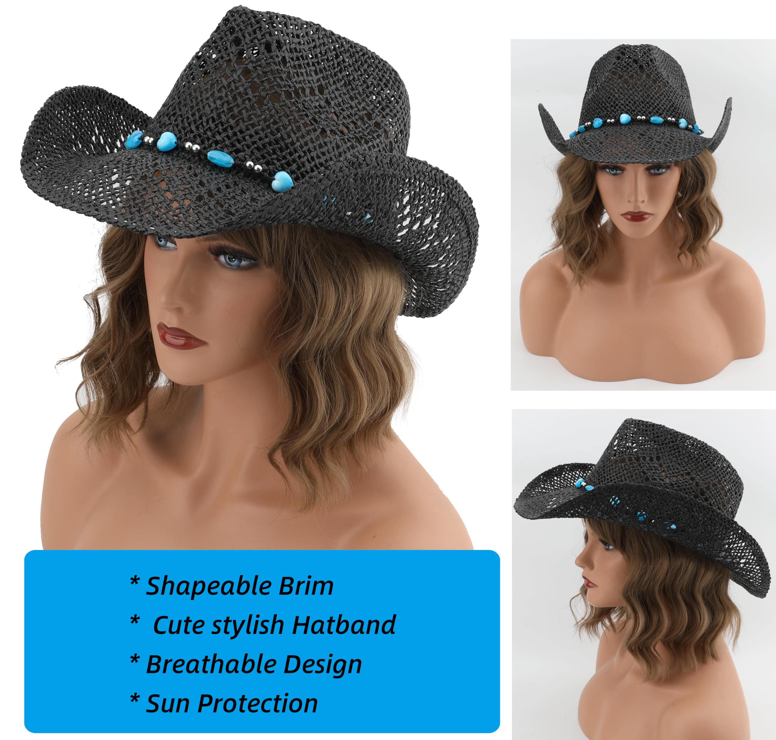 BESOOGII Straw Beach Cowboy Hat for Women Shapeable Brim Western Cowgirl Hat (US, Alpha, One Size, Black)