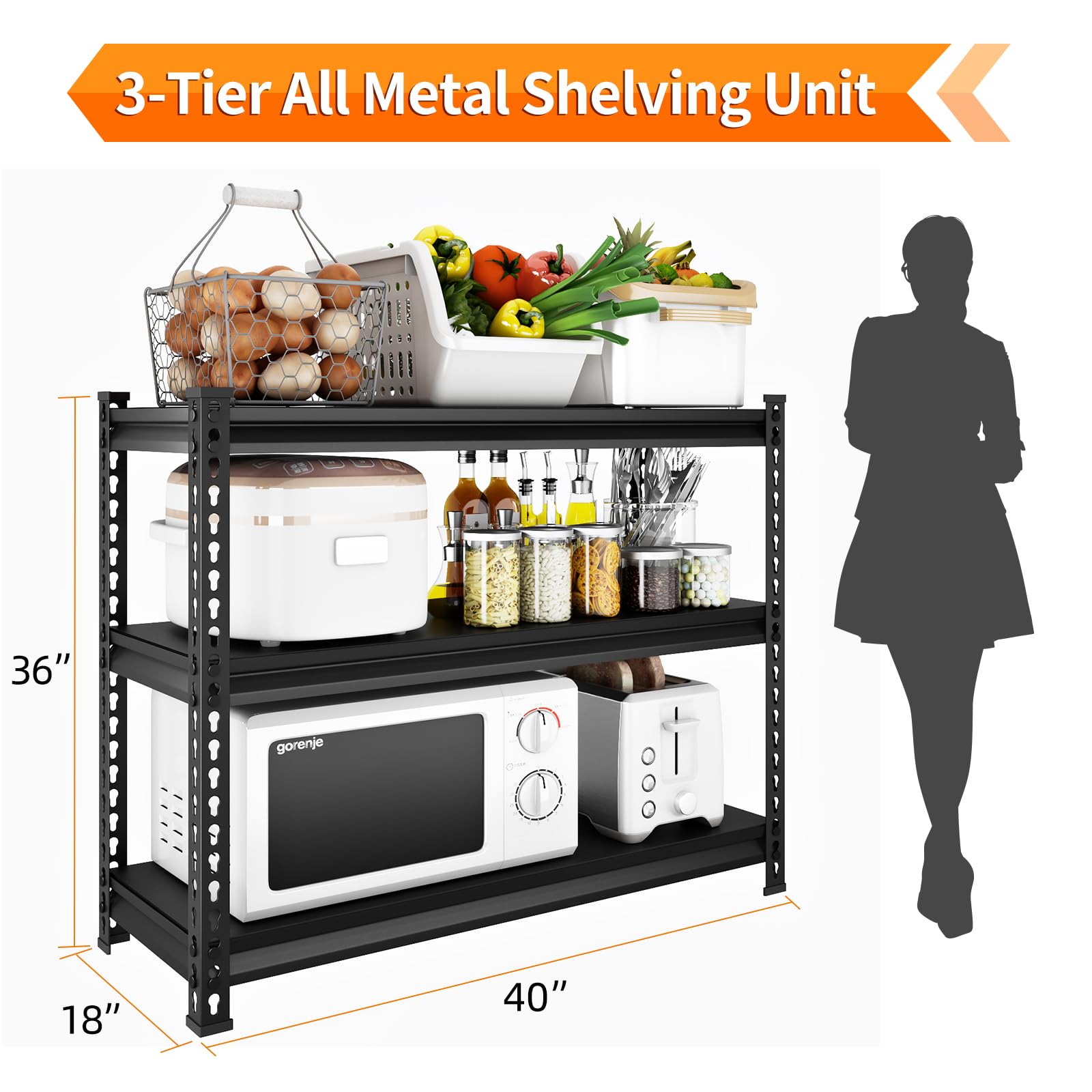 SDXYSTCE 3-Tier Garage Shelving Heavy Duty,40”W x 18”D x 36”H Metal Shelving Unit,1320 lbs Weight Capacity Adjustable Storage Shelves for Retiple Tanks, Aquariums, Pantry, Garage,Black